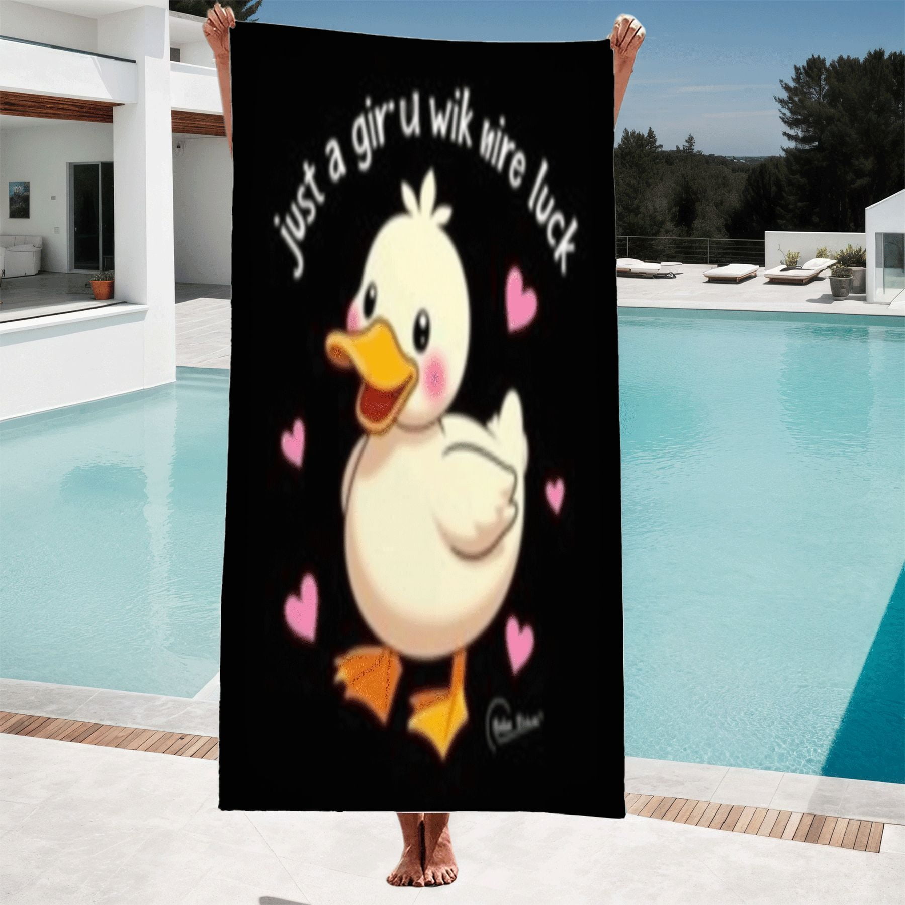 Cheerful Cartoon Duck Beach Towel - Whimsical Design with Hearts ...