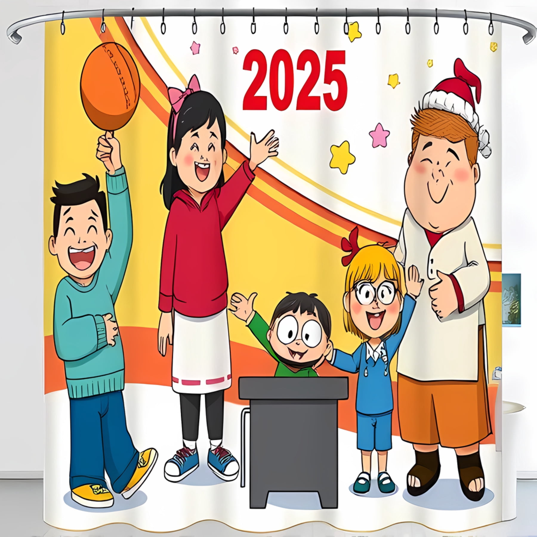 Cheerful Cartoon Family Shower Curtain Celebrating 2025 with Basketball ...