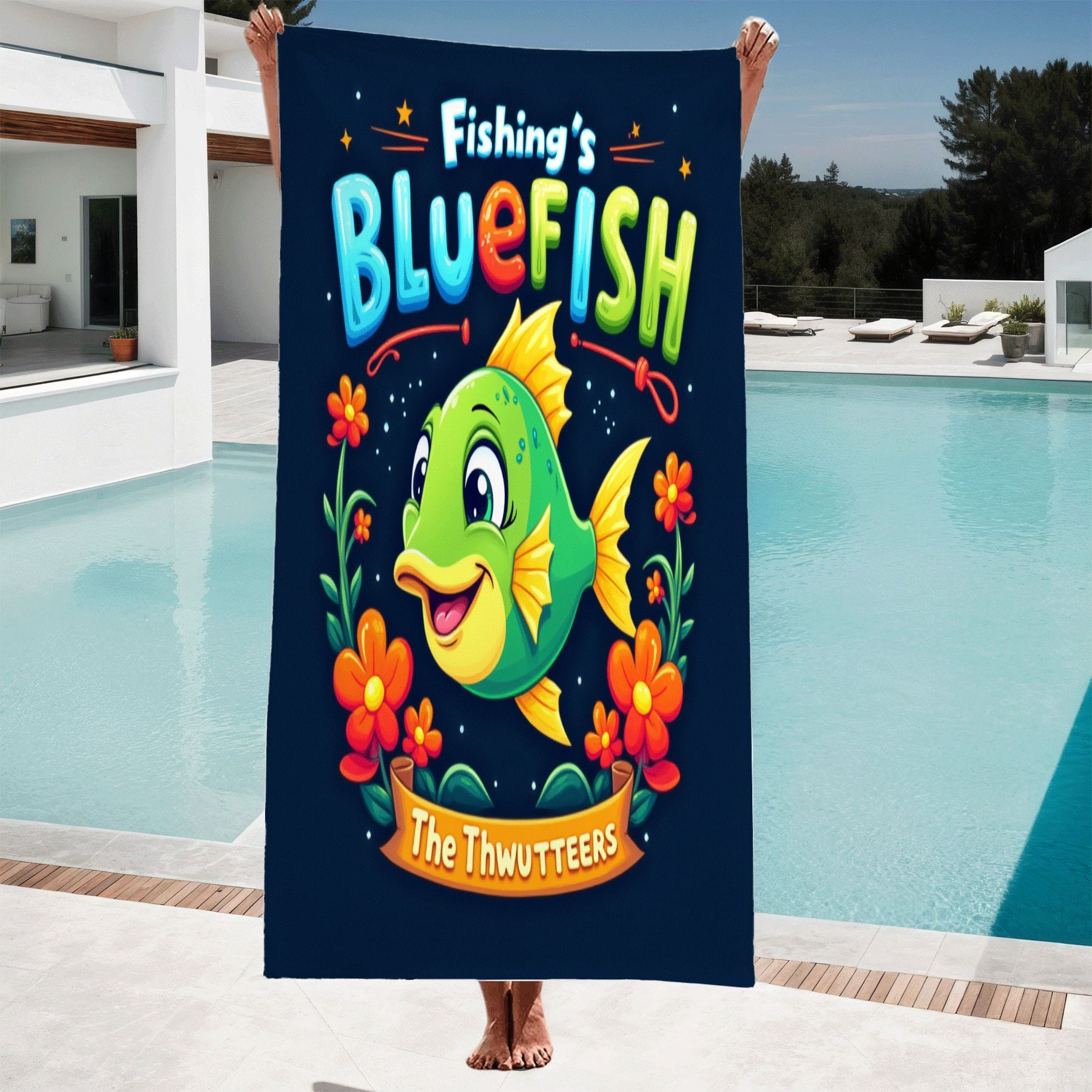 Cheerful Cartoon Fish Beach Towel - Vibrant Green Fish with Yellow Fins ...