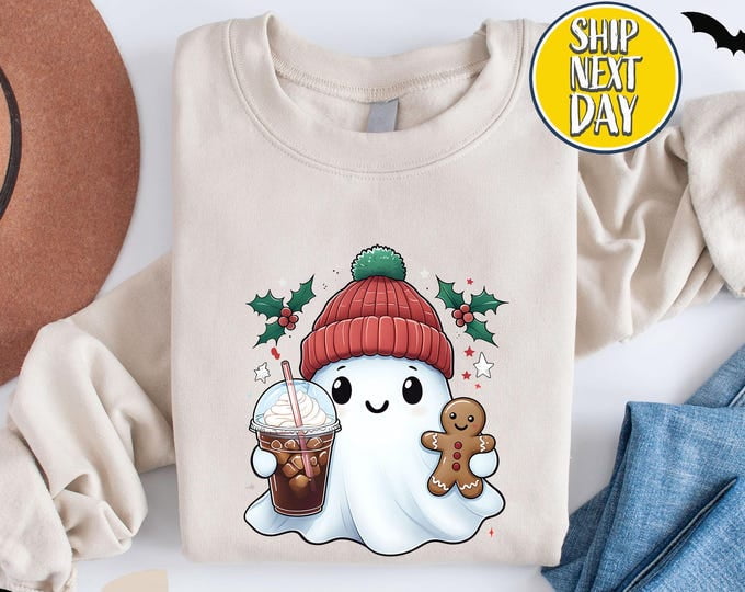 Cheerful Cartoon Ghost Coffee Gingerbread Cookie Sweatshirt: Cute ...