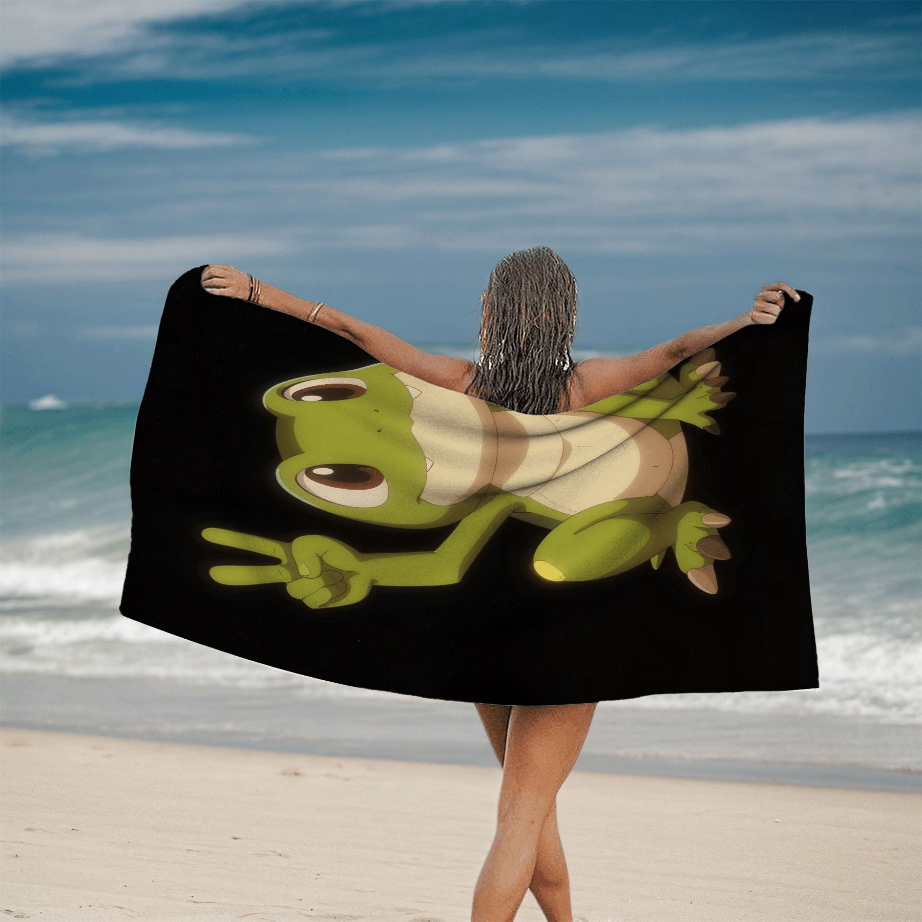 Cheerful Cartoon Green Frog Beach Towel - Playful Design with ...
