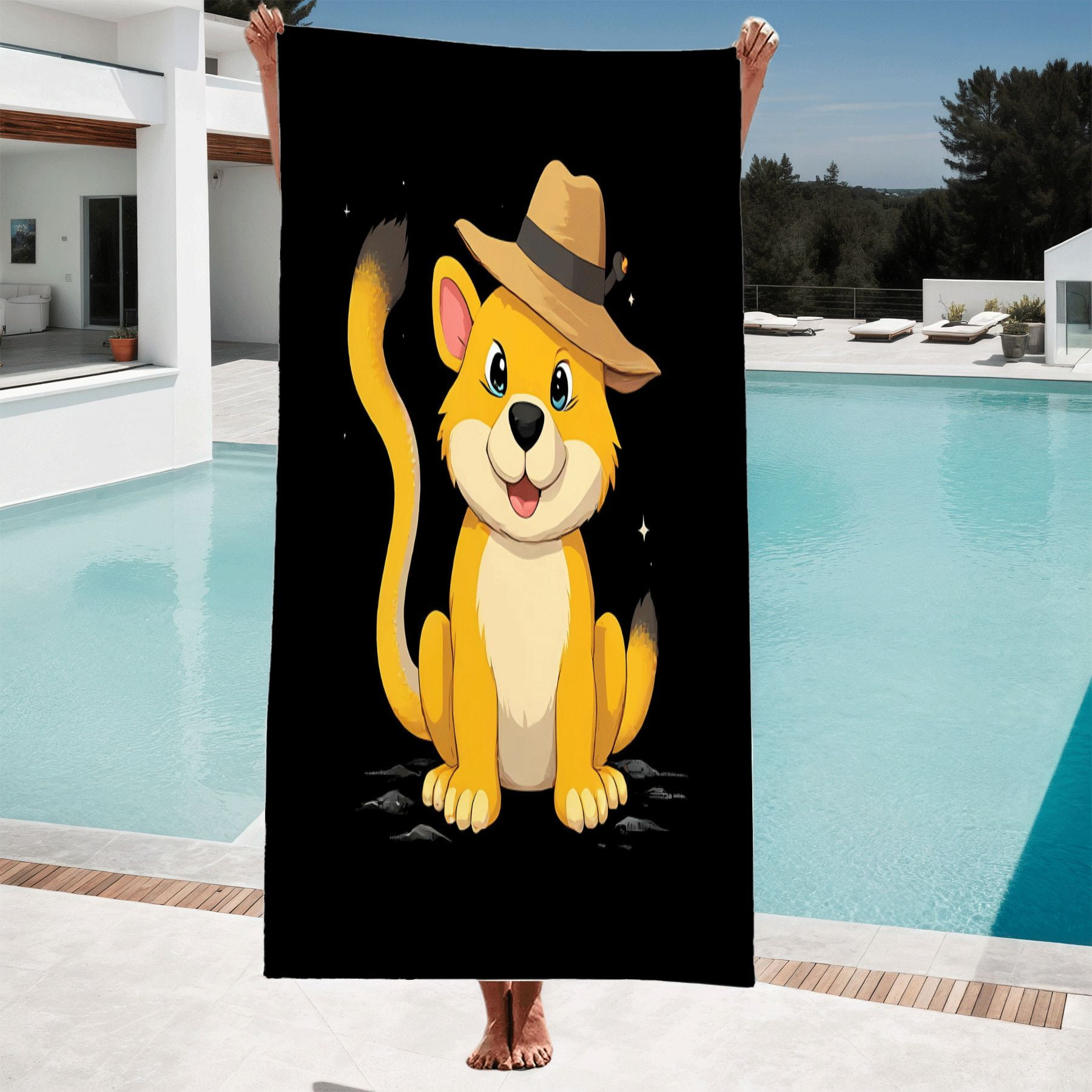 Cheerful Cartoon Lion Beach Towel - Friendly Design with Brown Hat ...