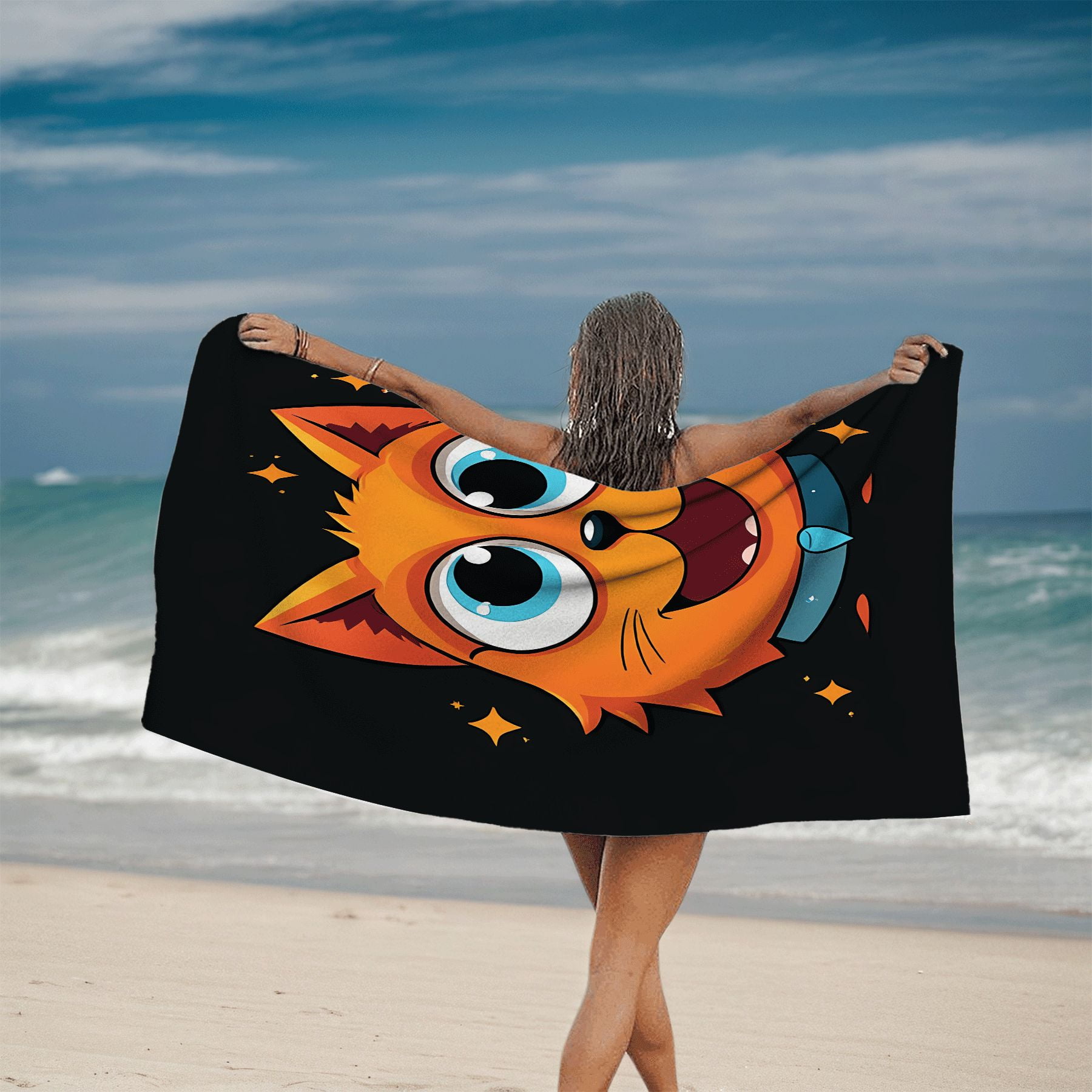 Cheerful Cartoon Orange Cat Beach Towel - Large Blue Eyes Smiling Face ...