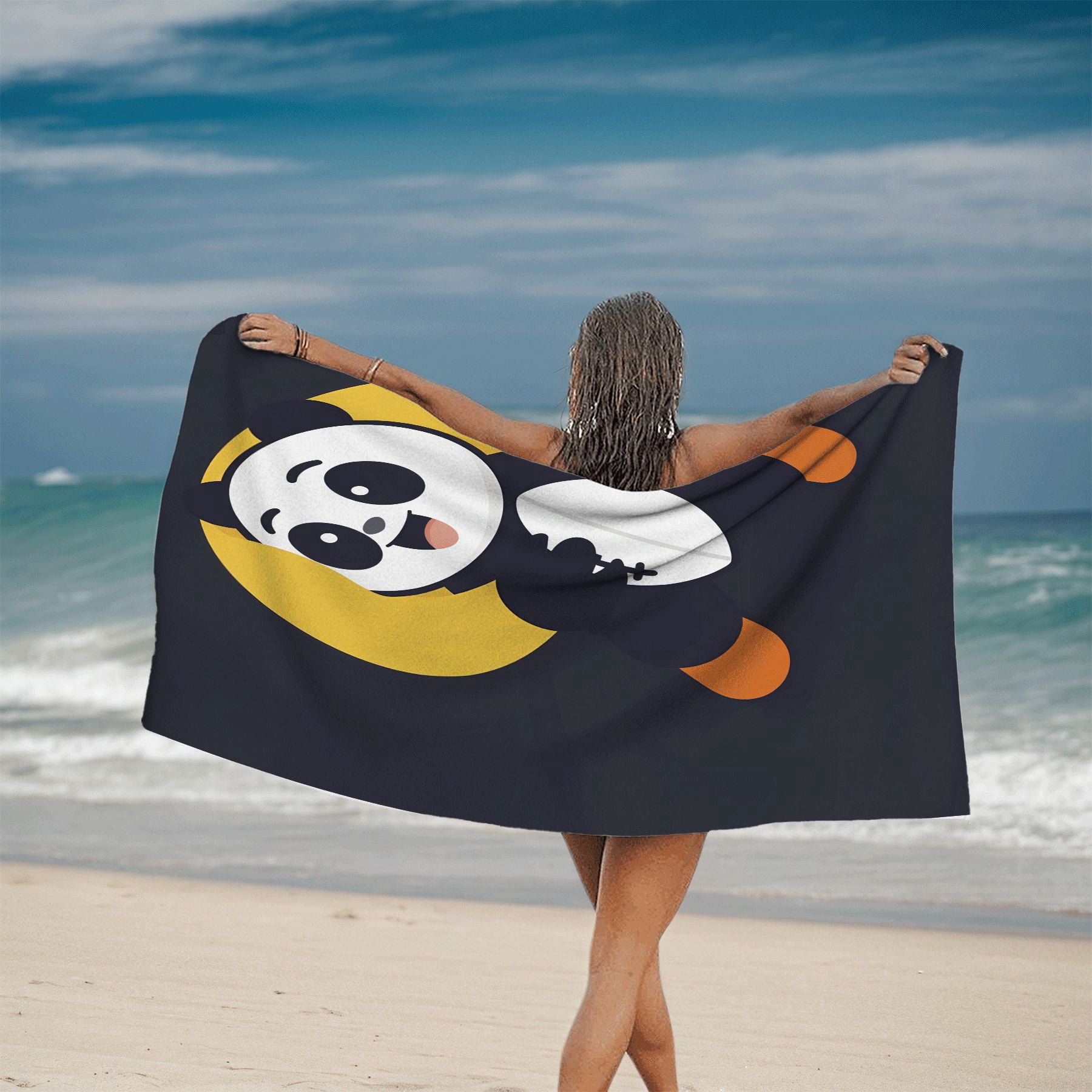 Cheerful Cartoon Panda Beach Towel - Fun Black & Orange Design Perfect ...