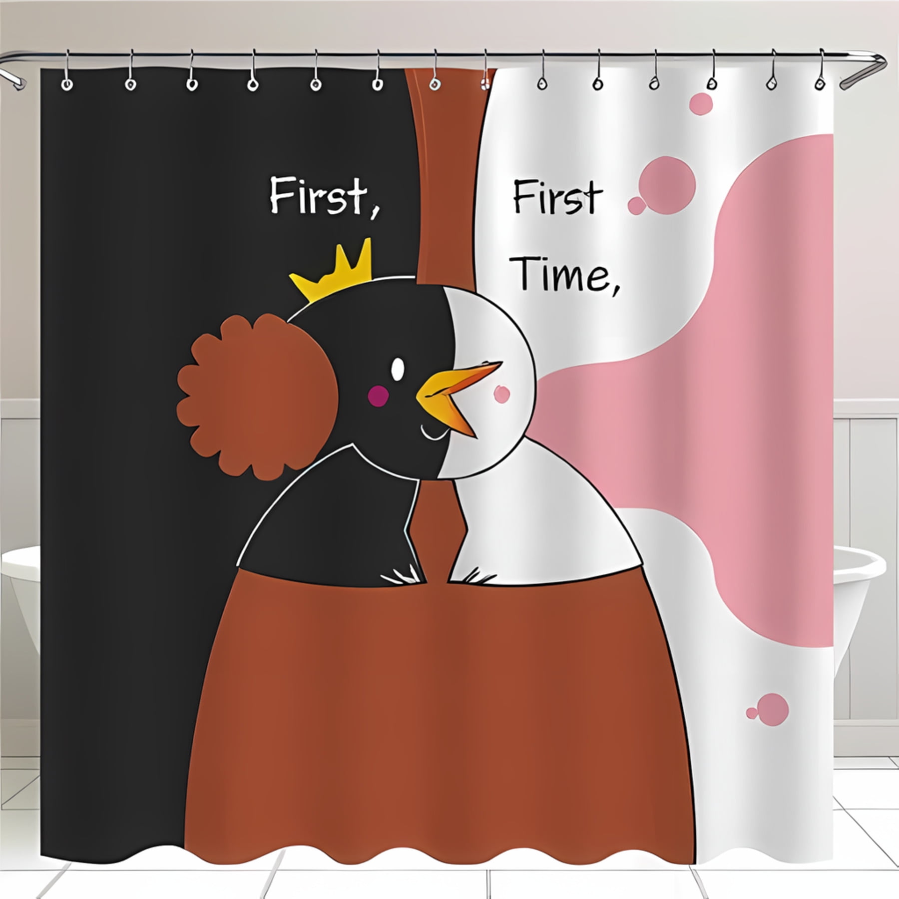 Cheerful Cartoon Penguin Shower Curtain with Yellow Crown Pink Cheeks ...