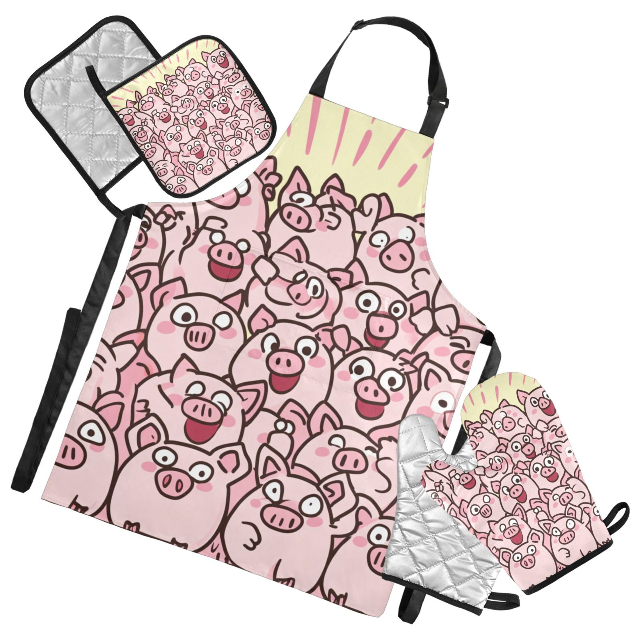 Cheerful Cartoon Pigs Group Oven Mitts and Pot Holders with Chef Apron ...