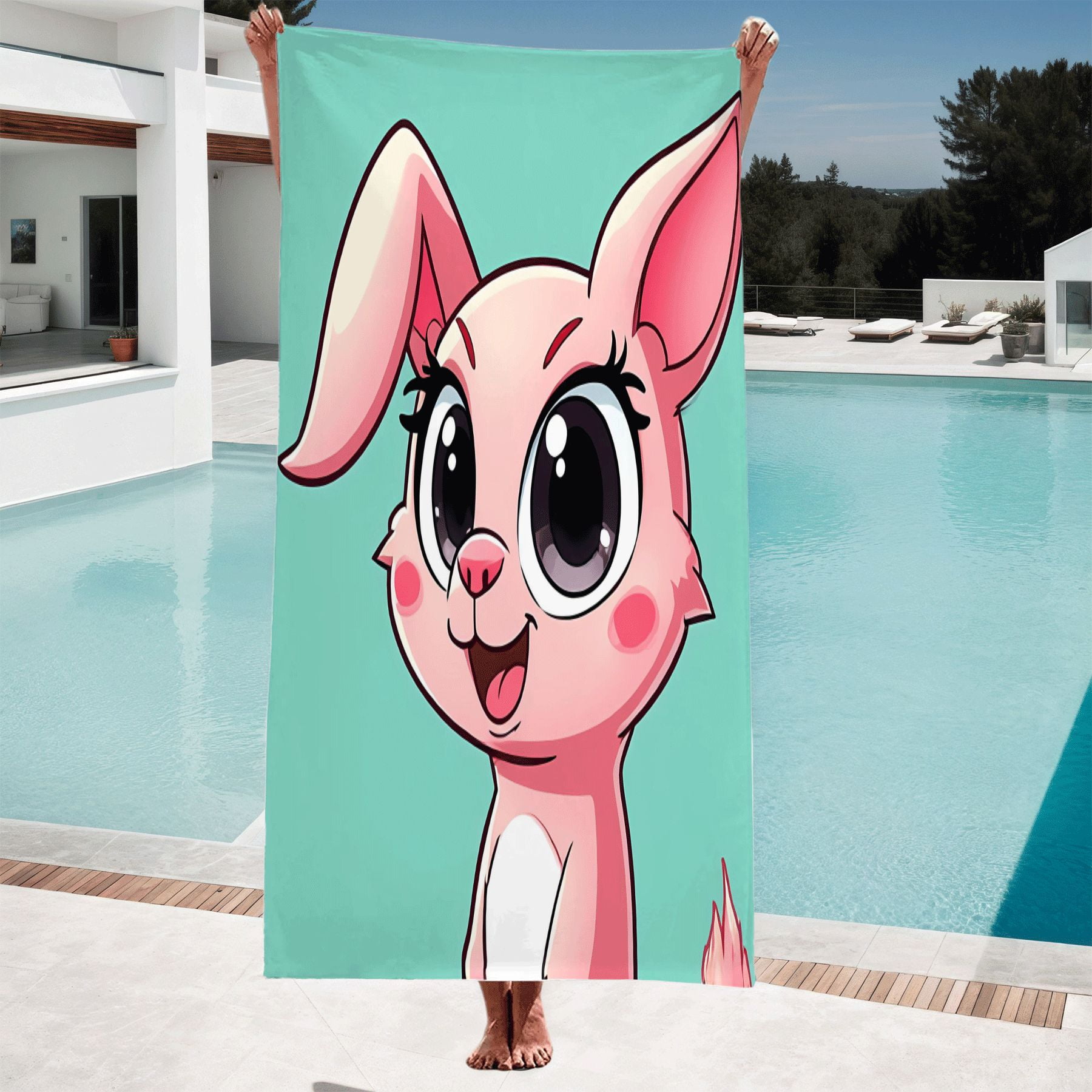Cheerful Cartoon Rabbit Bath Towel - Vibrant Teal Background Expressive ...