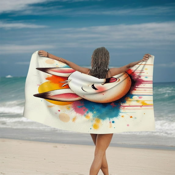Cheerful Cartoon Rabbit Beach Towel - Vibrant Splash Design Perfect for ...