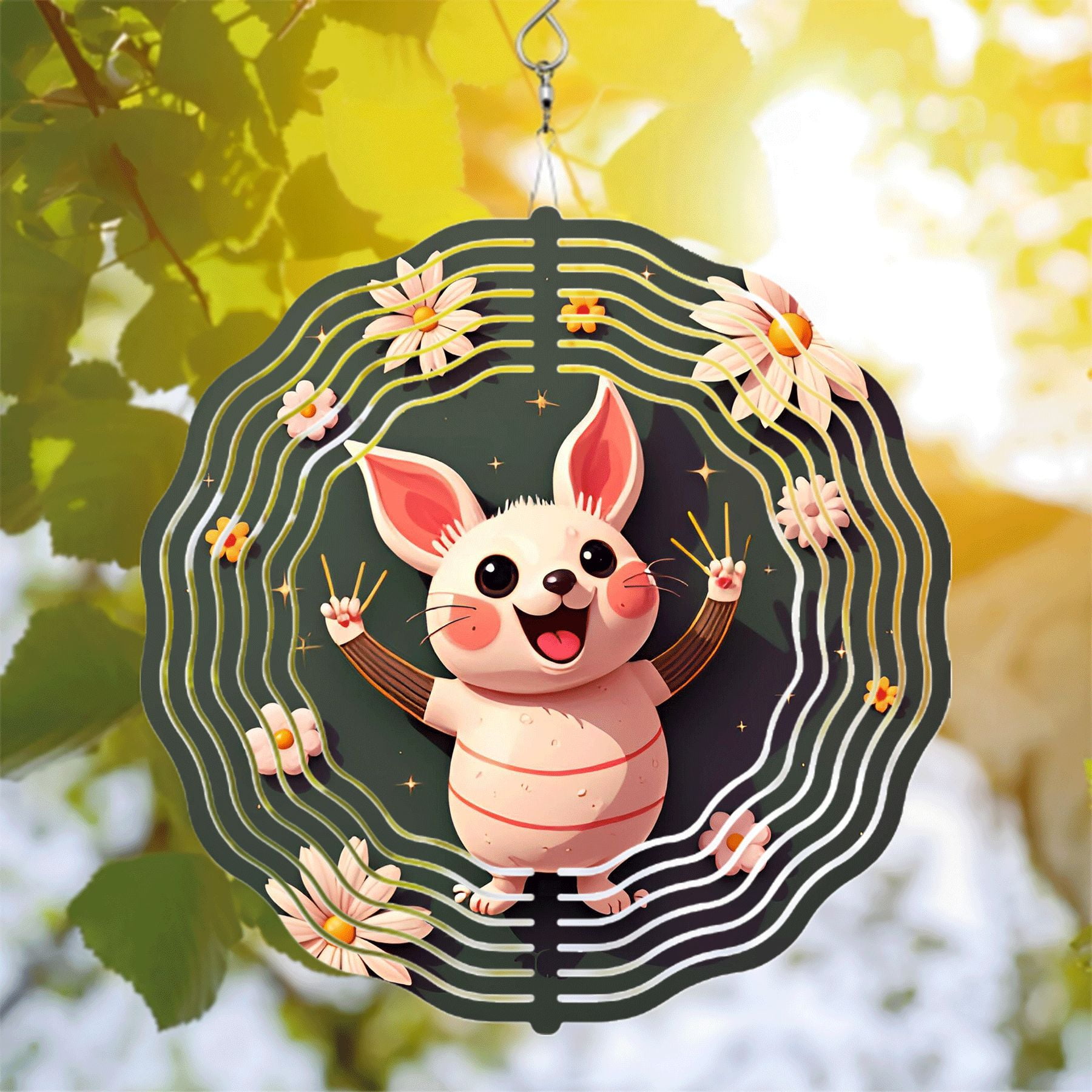Cheerful Cartoon Rabbit Metal Wind Spinner - Colorful Striped Design ...