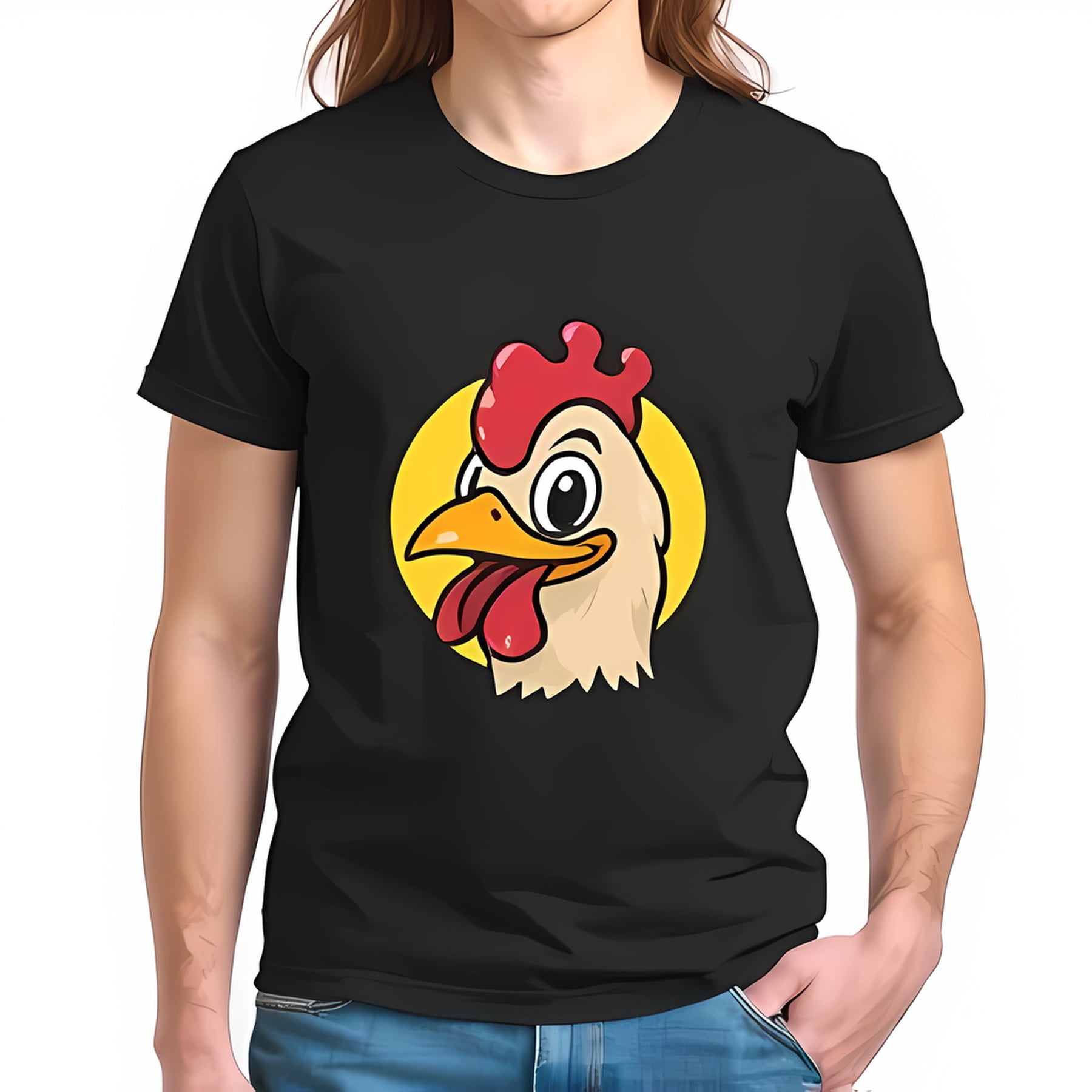 Cheerful Cartoon Rooster T-Shirt - Black Tee with Vibrant Yellow Circle ...