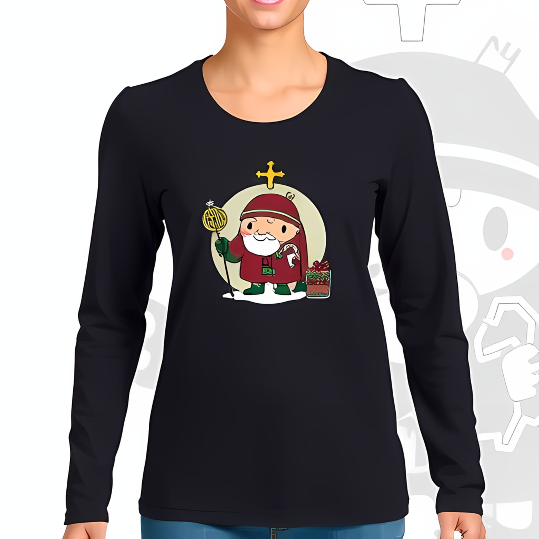 Cheerful Cartoon Santa Claus Long Sleeve T-Shirt for Men Women - Fun ...