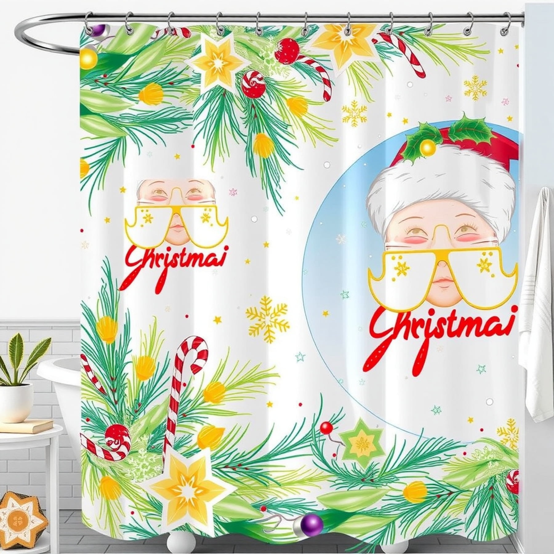 Cheerful Cartoon Santa Shower Curtain with Christmas Theme - Festive ...