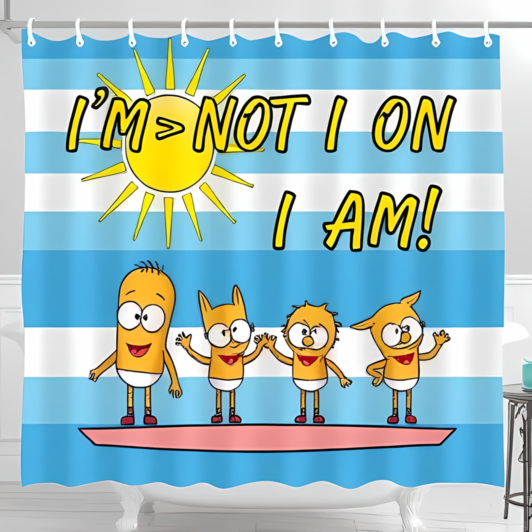 Cheerful Cartoon Shower Curtain with Blue and White Stripes Playful Sun ...