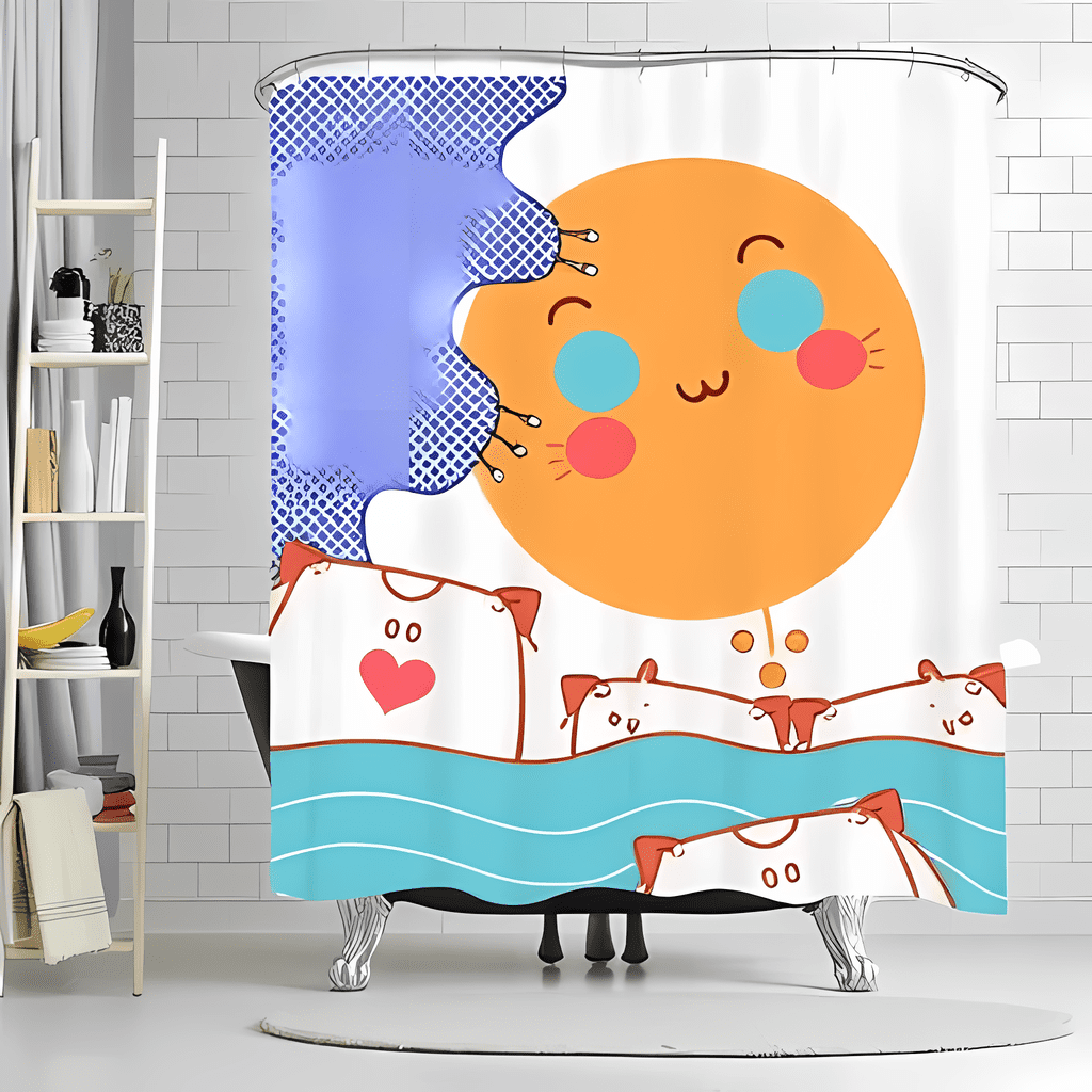 Cheerful Cartoon Shower Curtain with Smiling Sun & Playful Cats in ...
