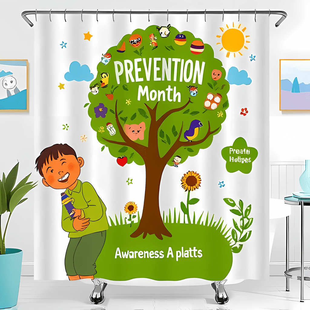 Cheerful Cartoon Tree Shower Curtain for Prevention Month - Colorful ...