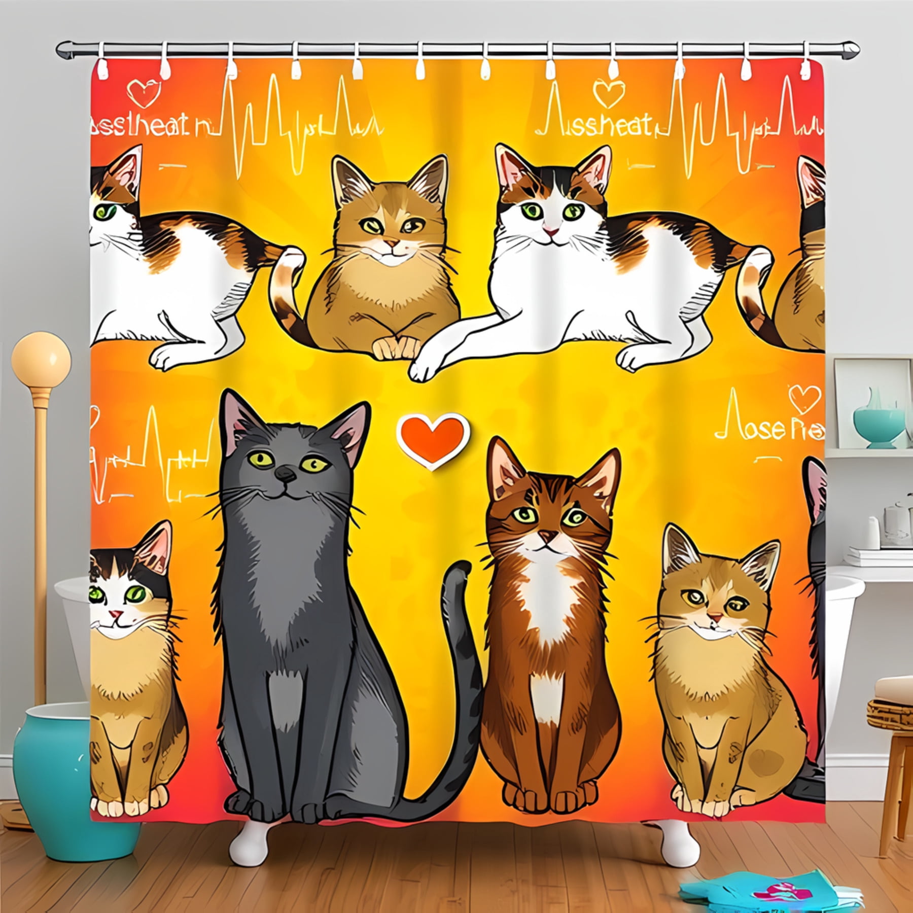 Cheerful Cat Shower Curtain with Cartoon Cats Heart Motifs ...