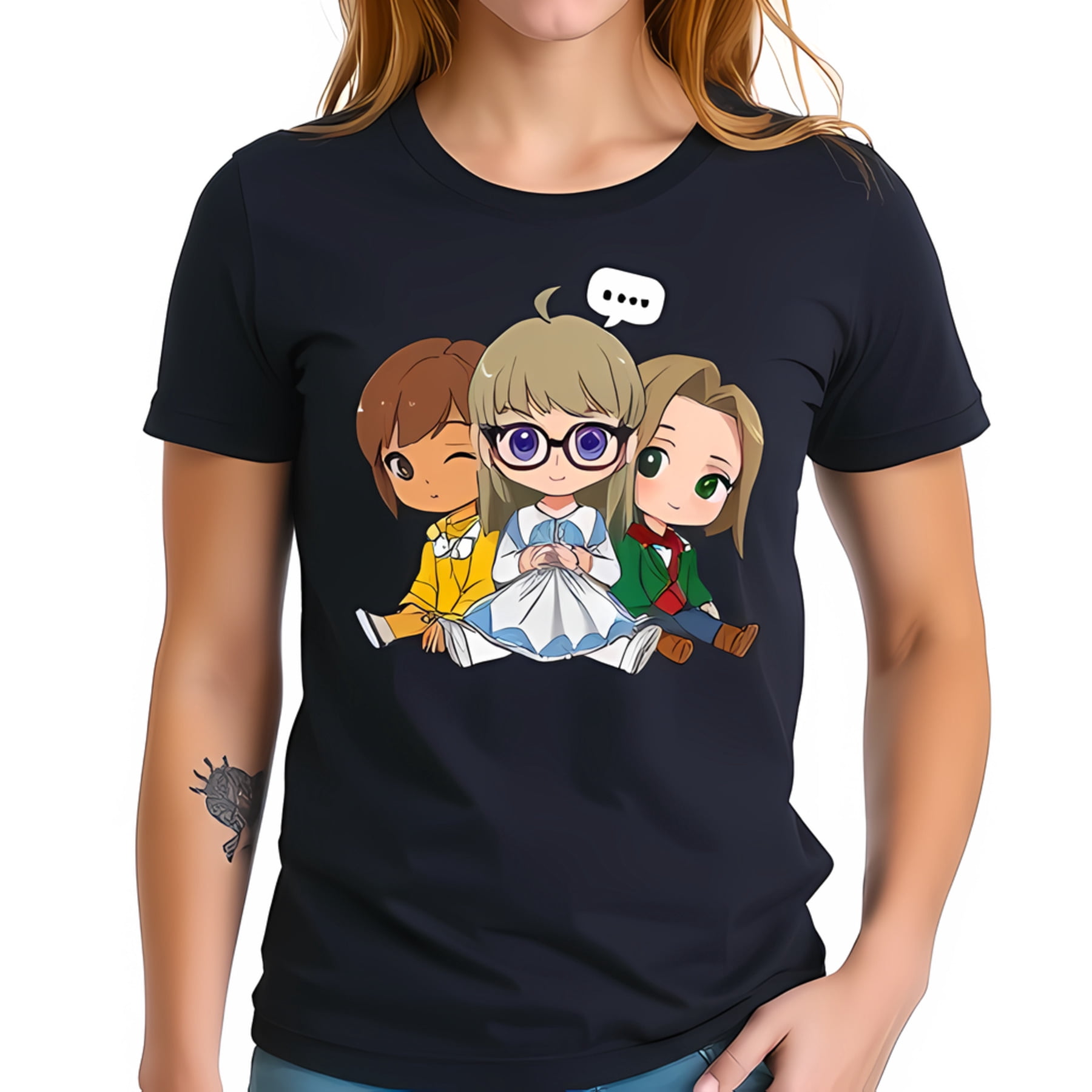 Cheerful Chibi Characters Cotton Short Sleeve T-Shirt - Playful Navy ...