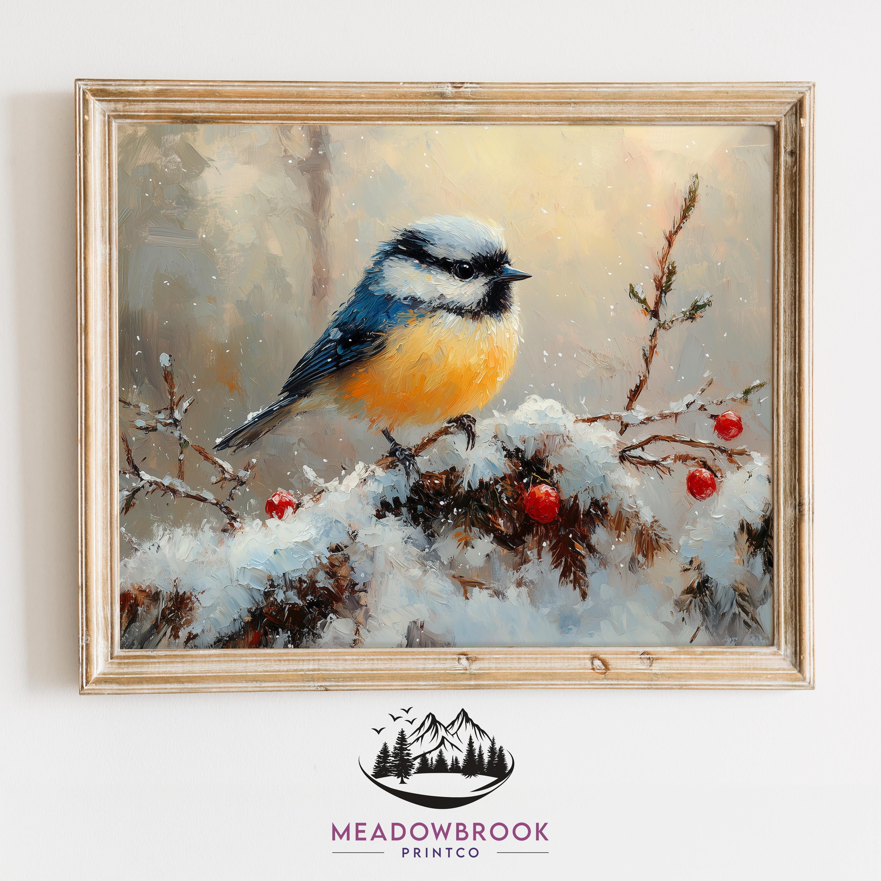 Cheerful Chickadee Bird Oil Portrait Cozy Winter Scene Printable Rustic ...