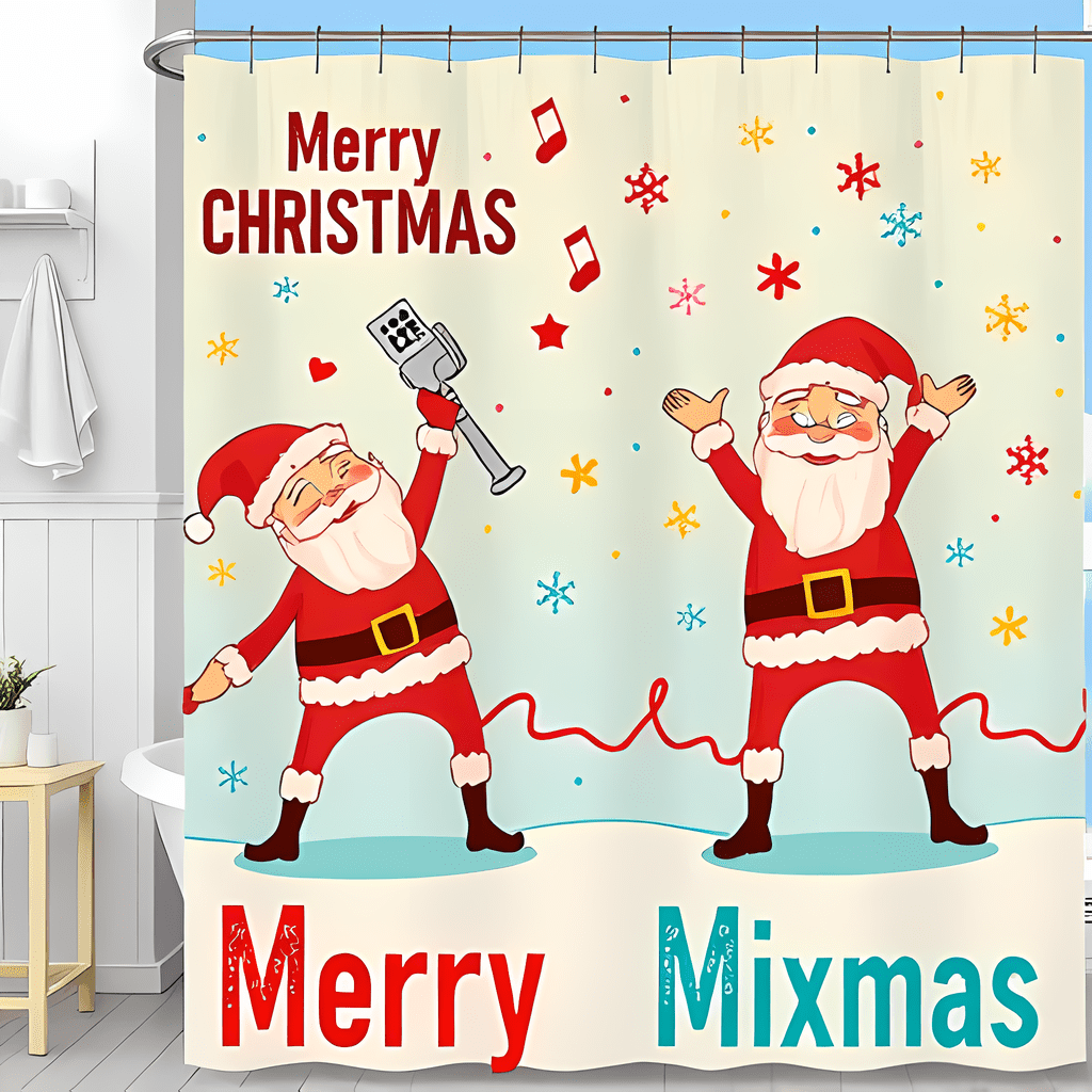 Cheerful Christmas Shower Curtain with Santa Clauses & Musical Theme ...