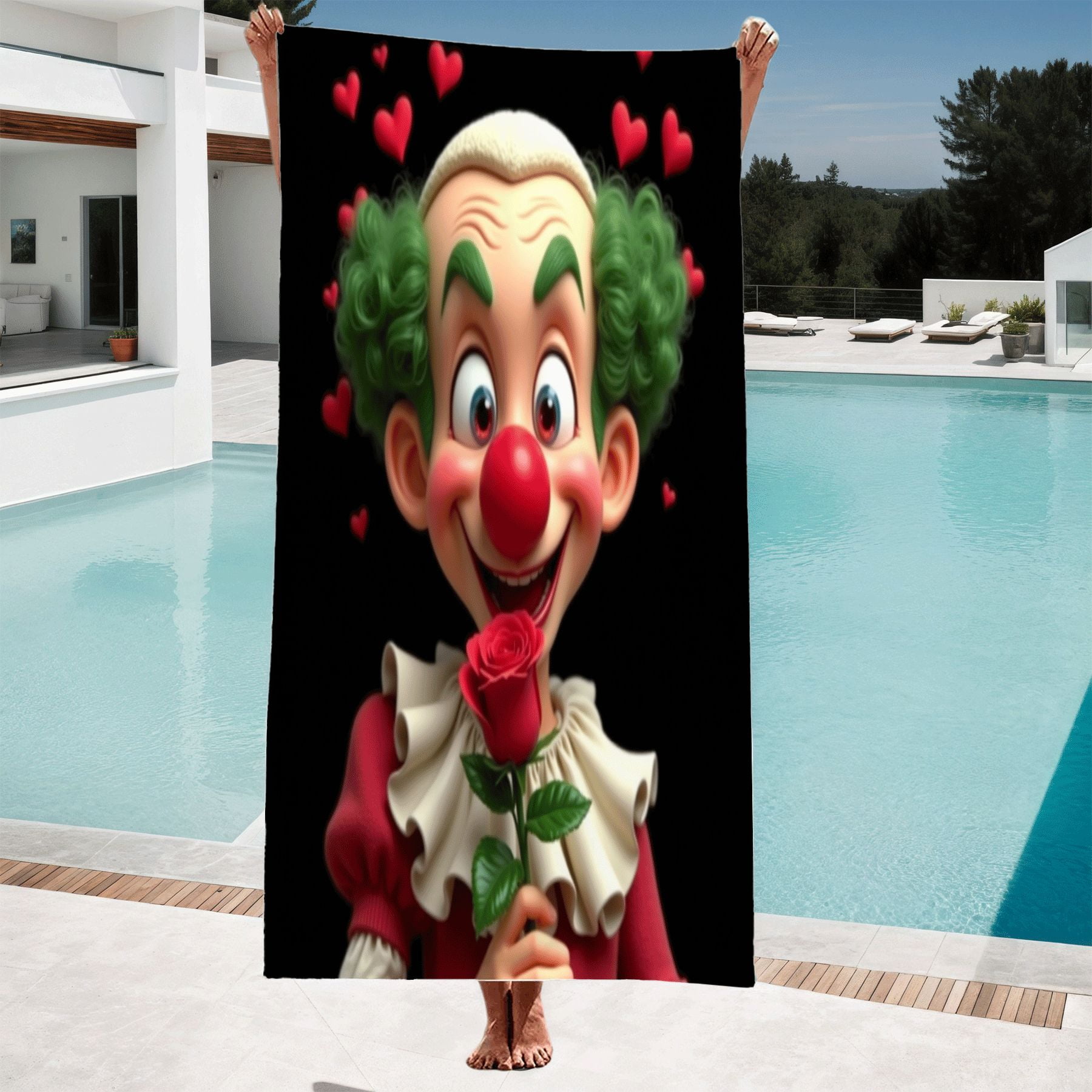 Cheerful Clown Beach Towel - Colorful Design with Green Hair Red Nose ...
