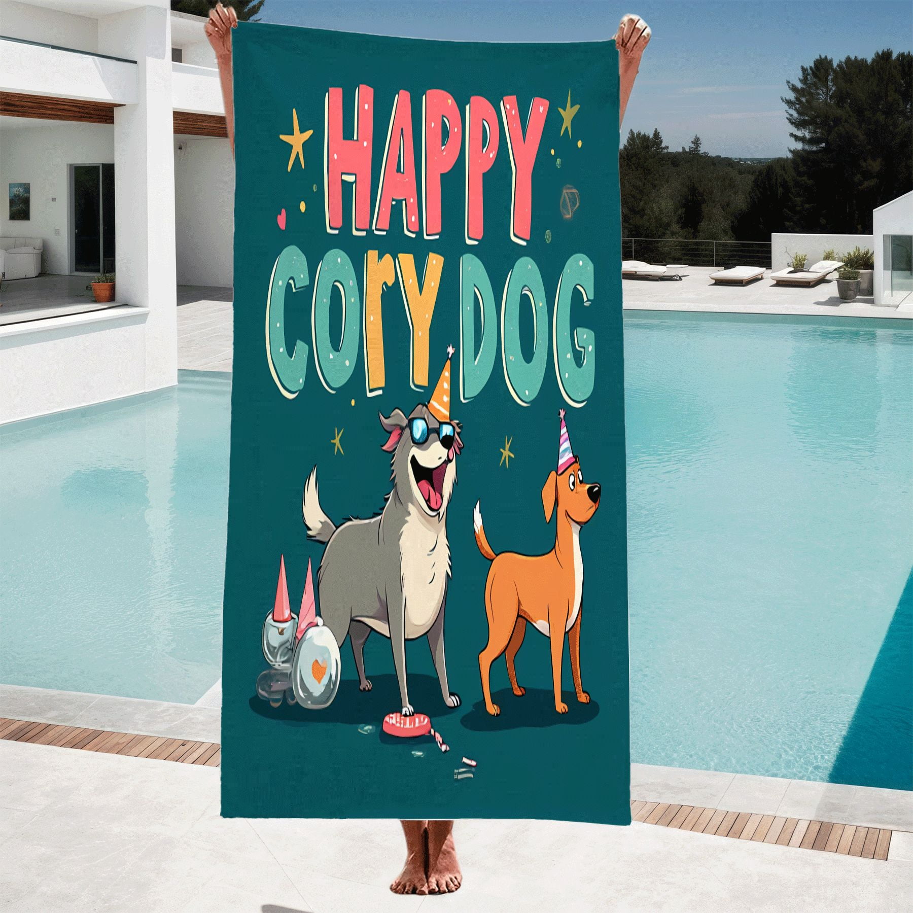 Cheerful Cory Dog Beach Towel - Fun Pattern with Happy Dogs Sunglasses ...