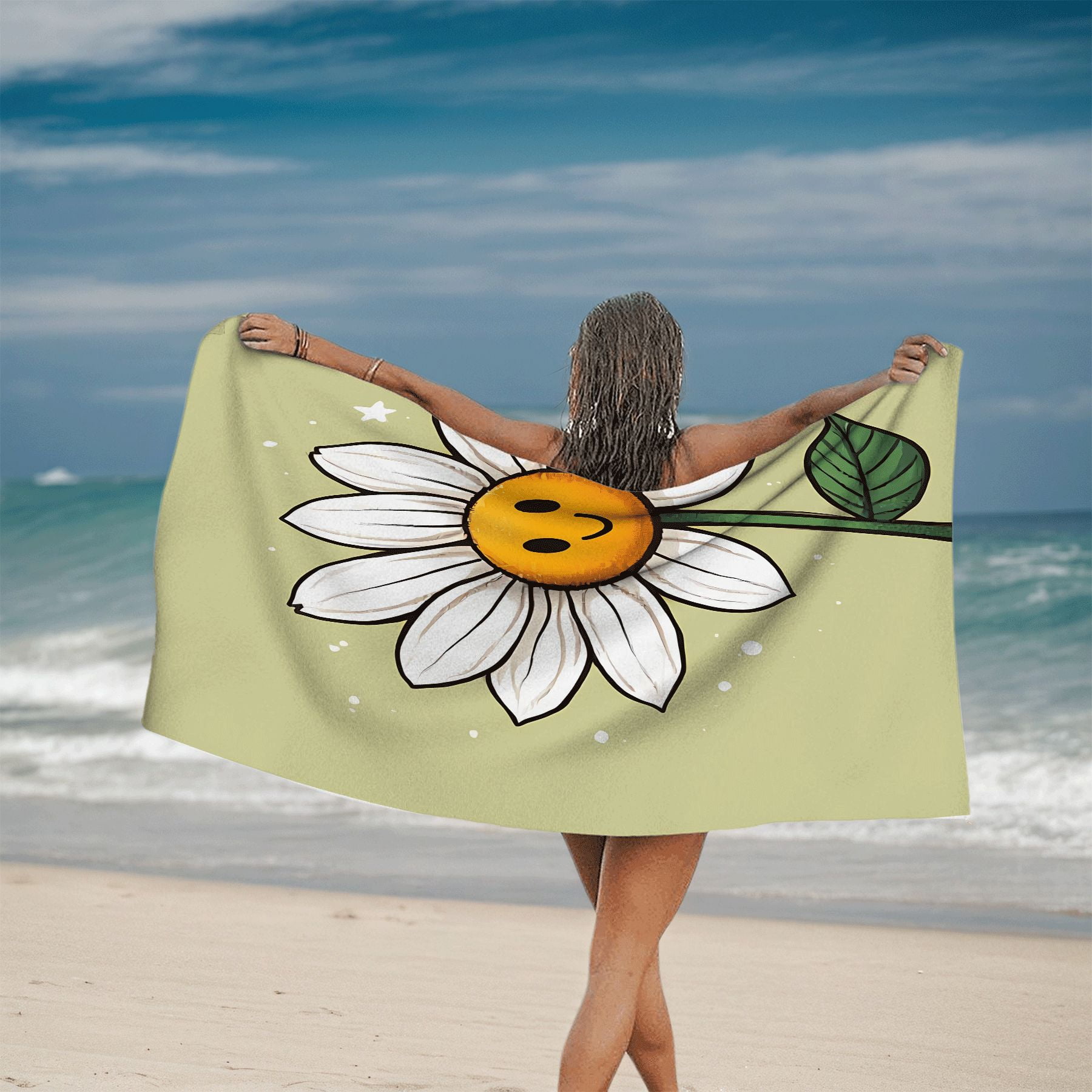 Cheerful Daisy Pattern Beach Towel - Smiling Flower Design Soft Green ...