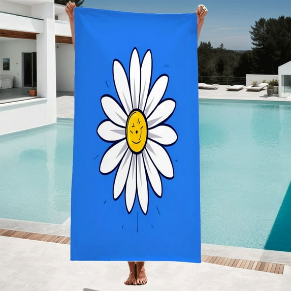Cheerful Daisy Pattern Beach Towel - Vibrant Blue Background Smiling ...