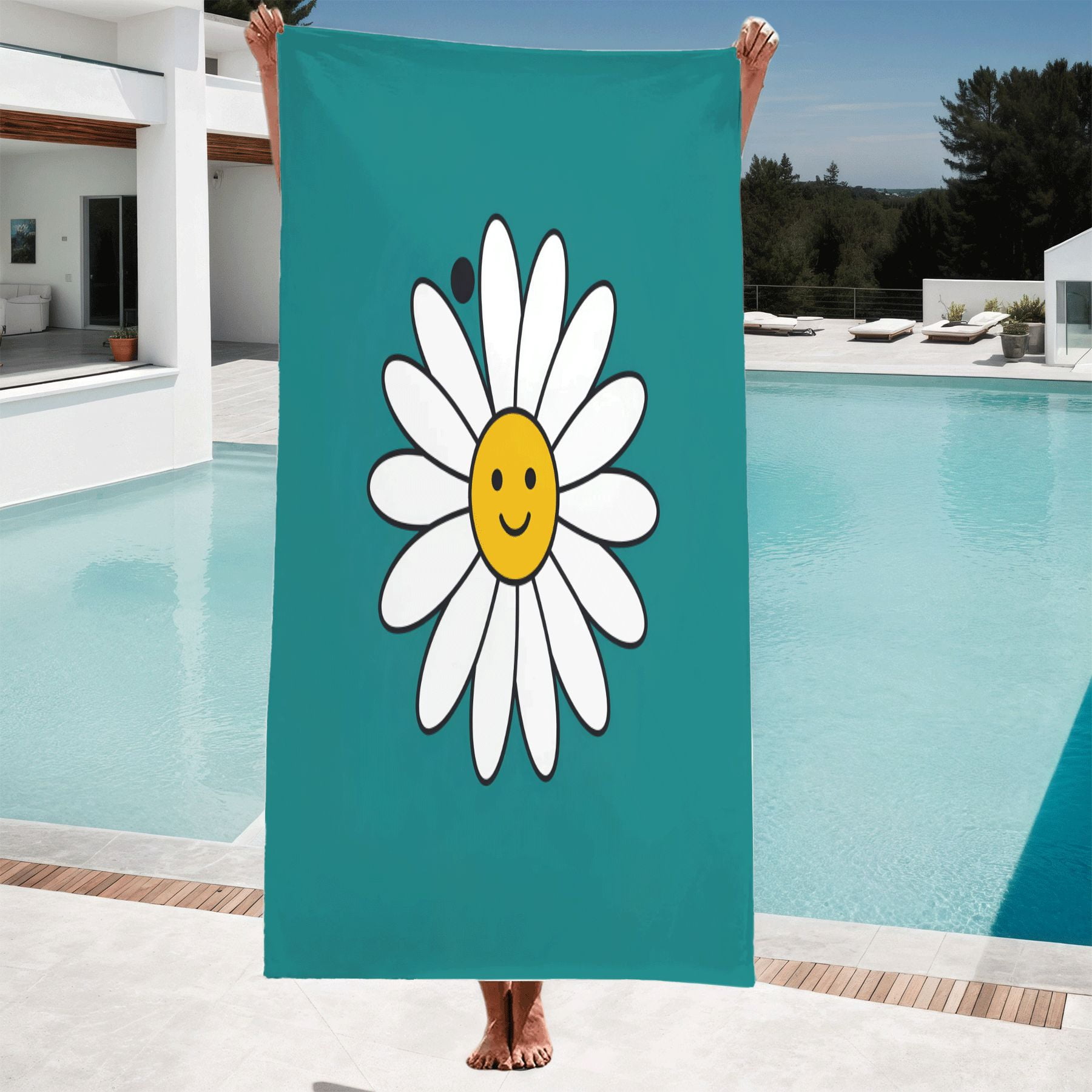 Cheerful Daisy Pattern Beach Towel - Vibrant White Petals & Yellow ...
