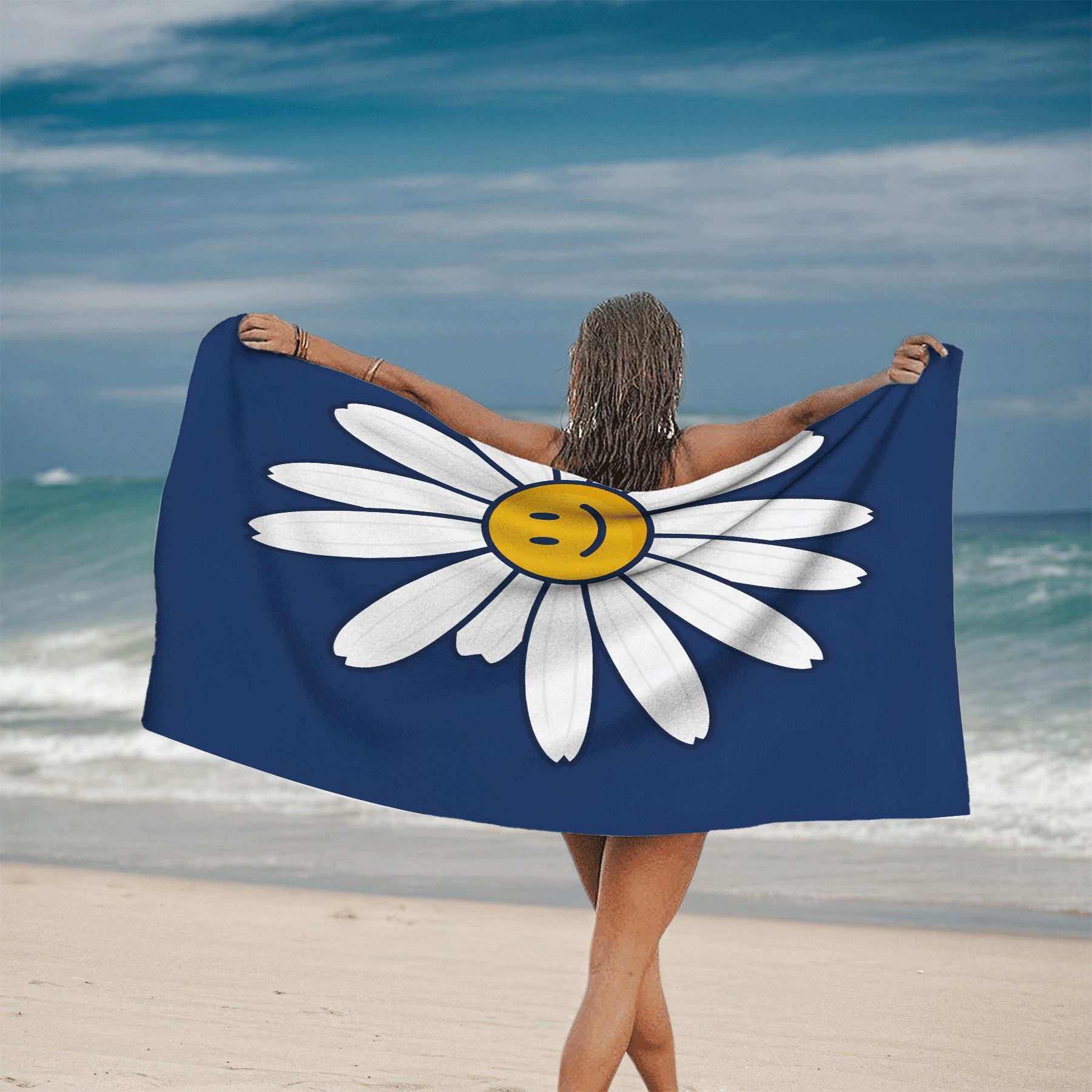 Cheerful Daisy Pattern Beach Towel - White Petals & Smiling Face on ...