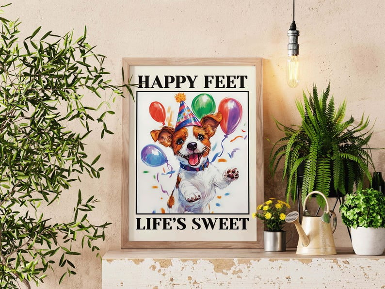 Cheerful Dog Poster, Inspirational Pet Party Print, Maximalist Colorful ...