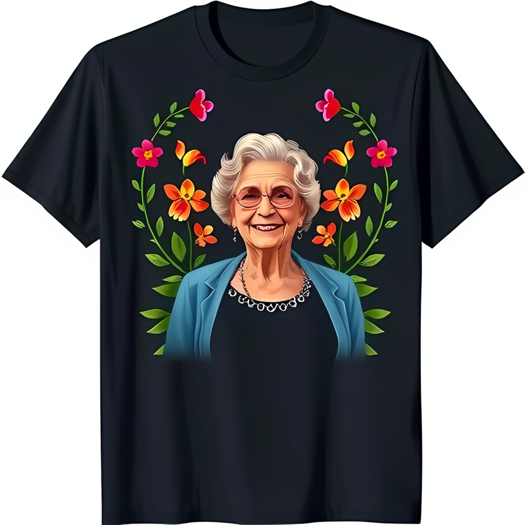 Cheerful Floral Border Black T-Shirt Featuring Kind Older Woman ...