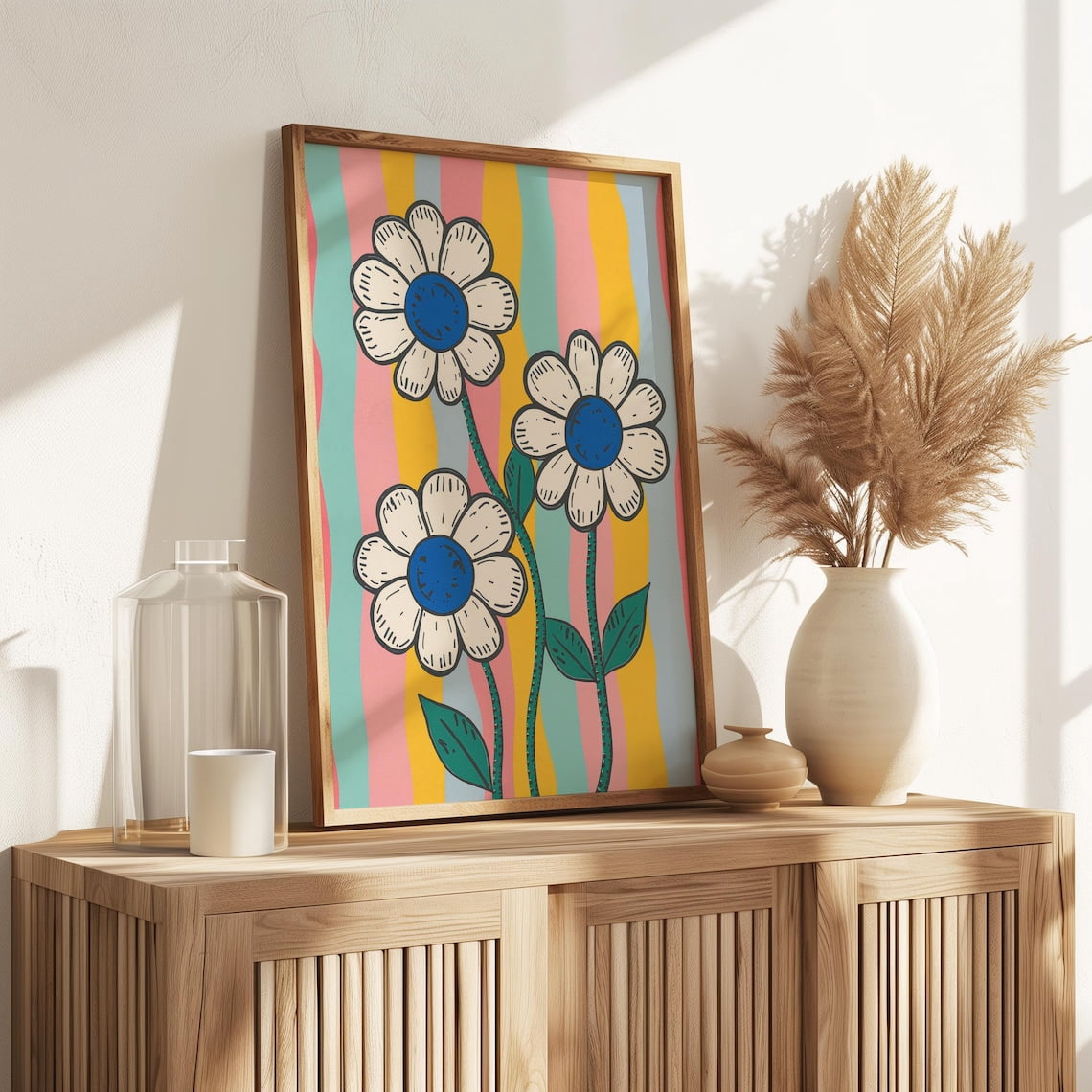 Cheerful Floral Retro Pop Style Colorful Striped Illustration Living ...
