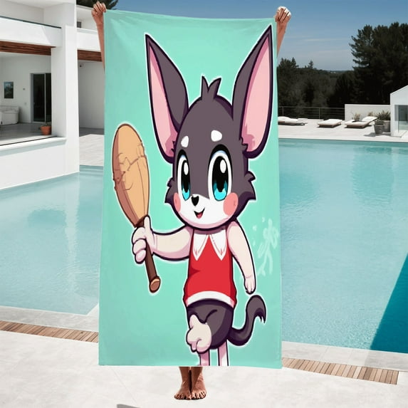 Cheerful Fox Dog Cartoon Beach Towel - Vibrant Teal with Whimsical ...