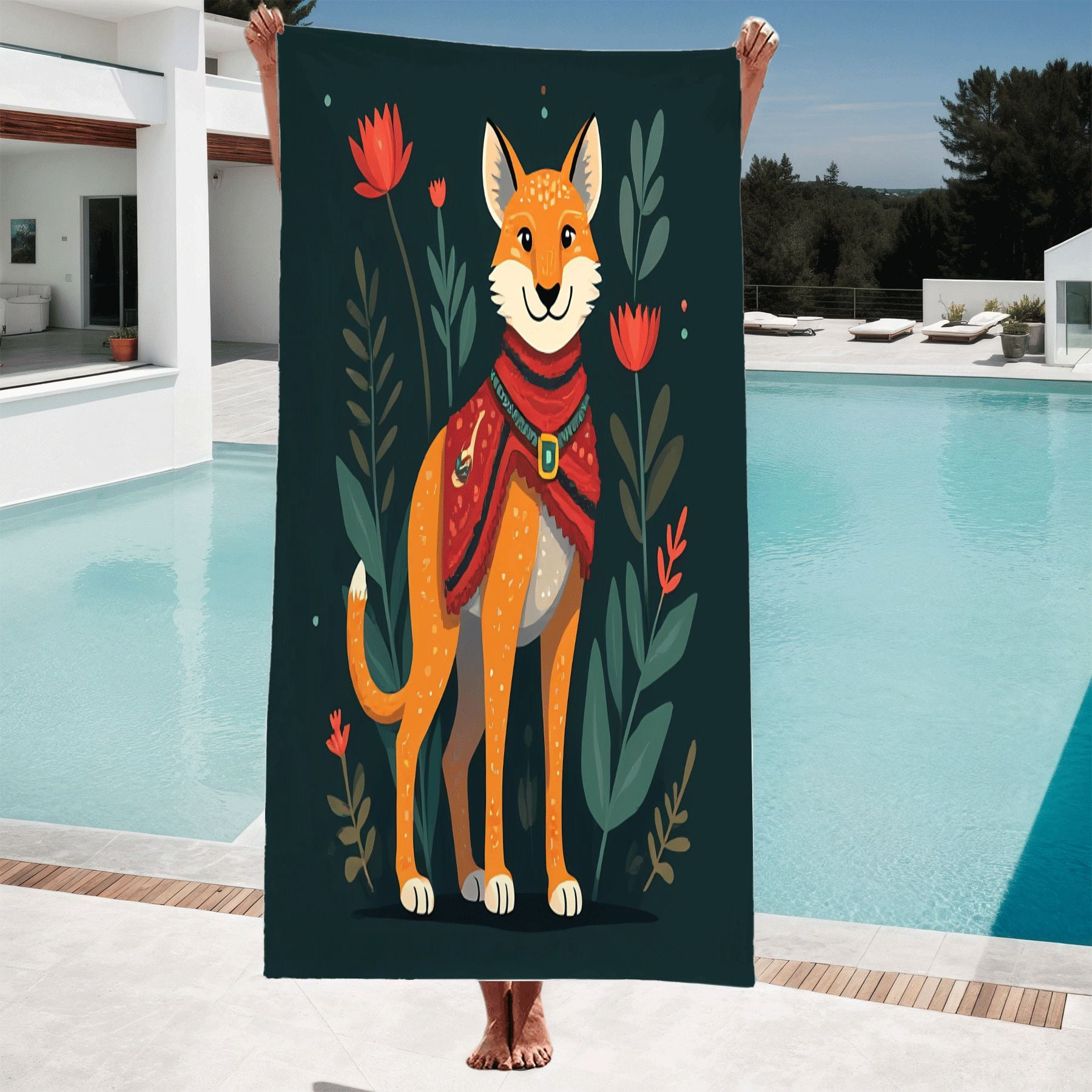 Cheerful Fox Pattern Beach Towel - Vibrant Orange Fox with Red Scarf ...