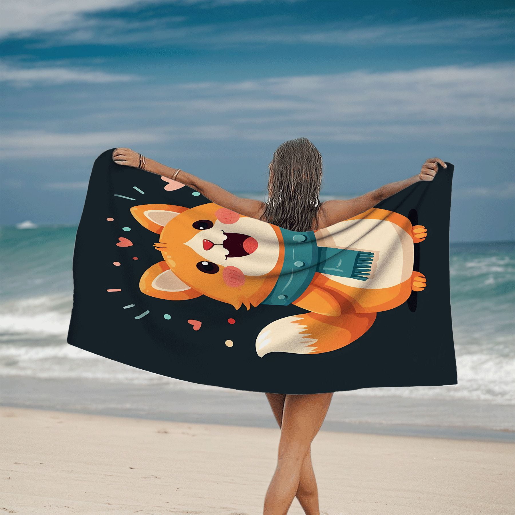 Cheerful Fox Pattern Beach Towel - Vibrant Orange Fox with Turquoise ...