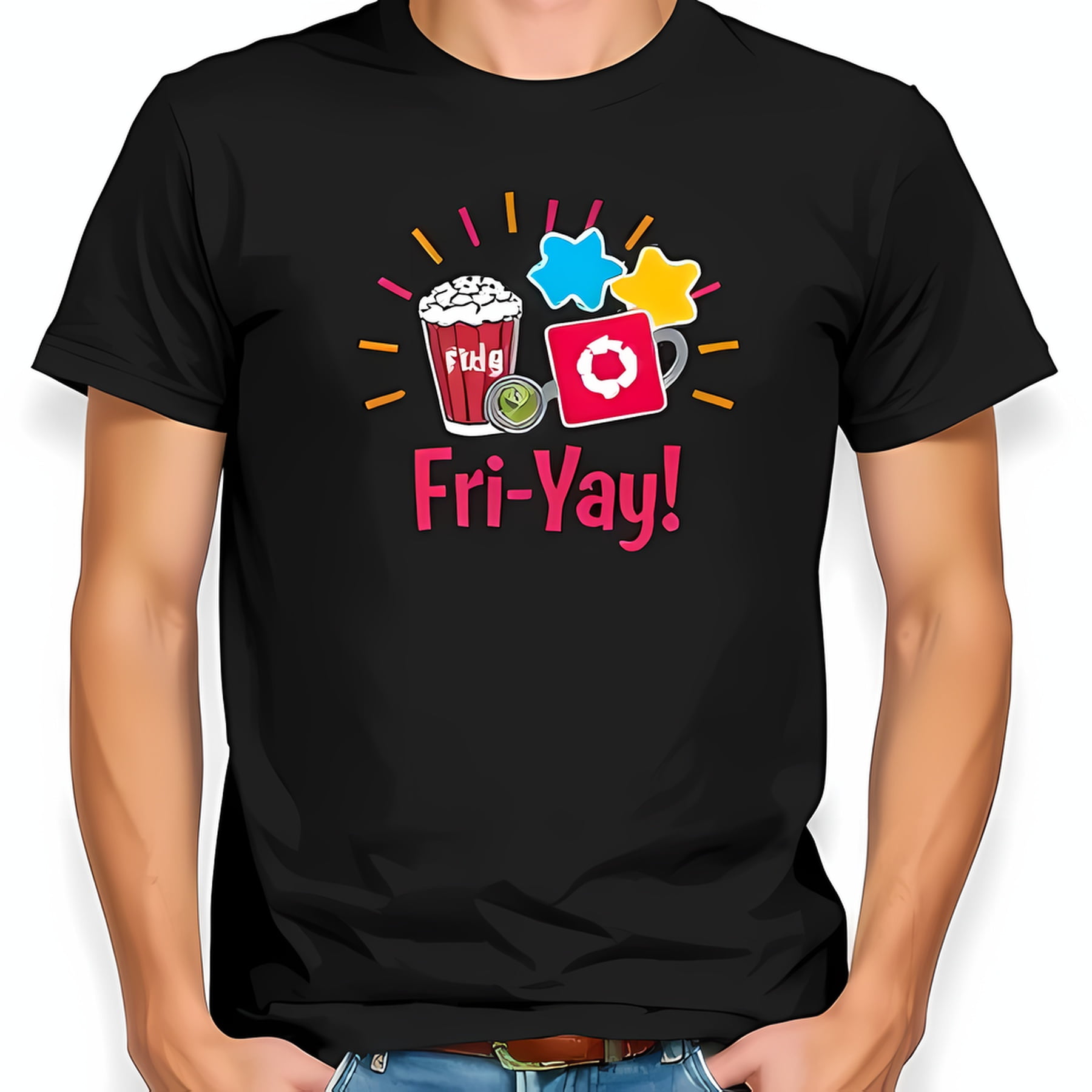 Cheerful 'Fri-Yay ' Black T-Shirt with Popcorn Mug & Star Candies ...