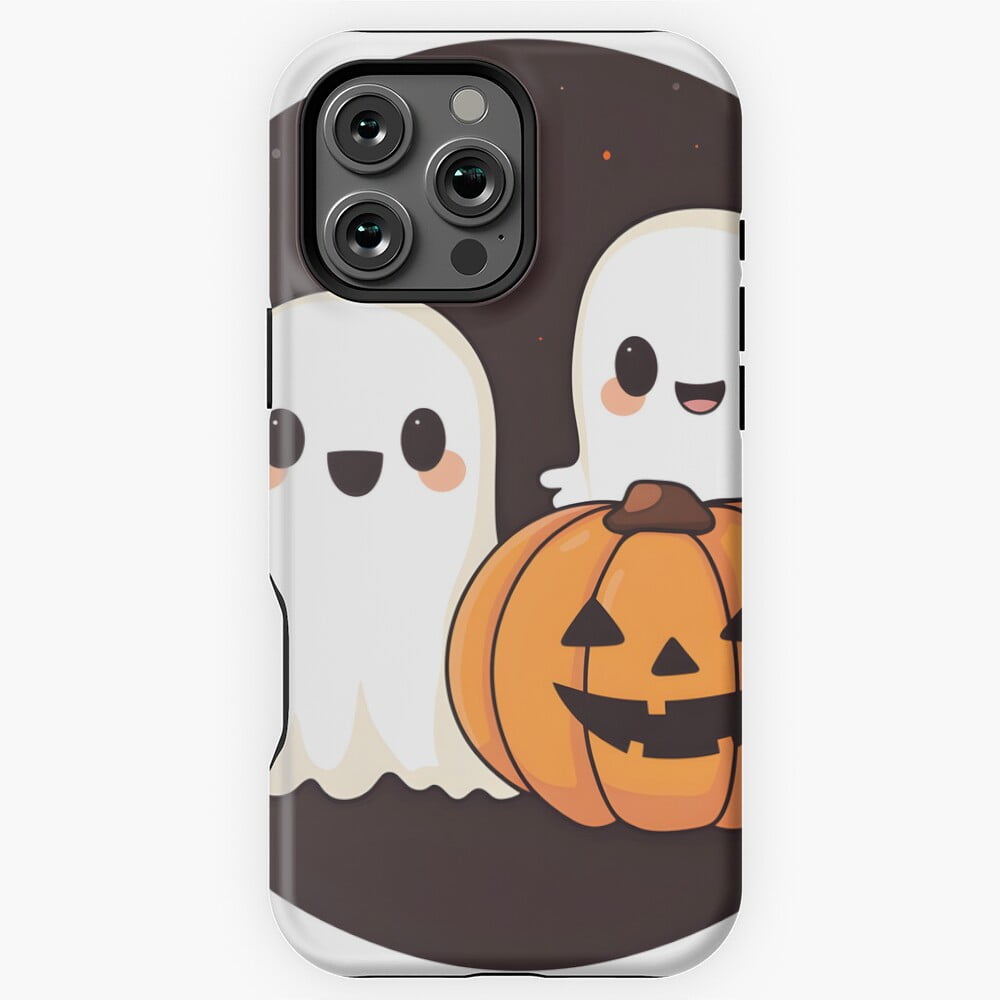 Cheerful Ghosts Standing Next to a Pumpkin Phone Case for iPhone 16 15 ...