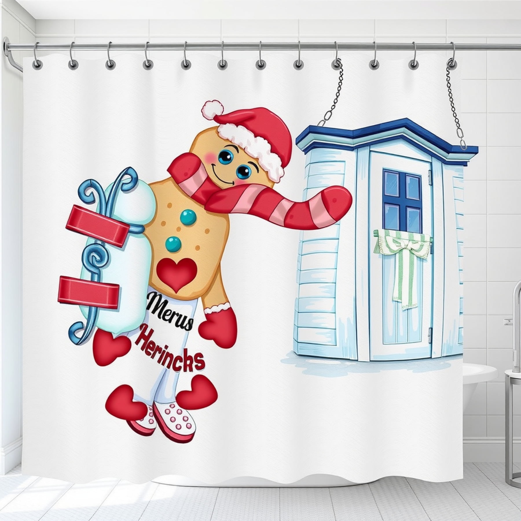 Cheerful Gingerbread Man Shower Curtain with Santa Hat & Sled - Holiday ...