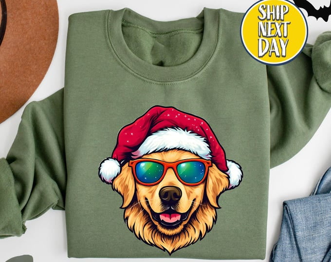 Cheerful Golden Retriever Sweatshirt: Cute Dog Santa Hat Sweater, Pup ...
