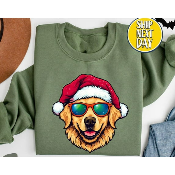 Cheerful Golden Retriever Sweatshirt: Cute Dog Santa Hat Sweater, Pup ...