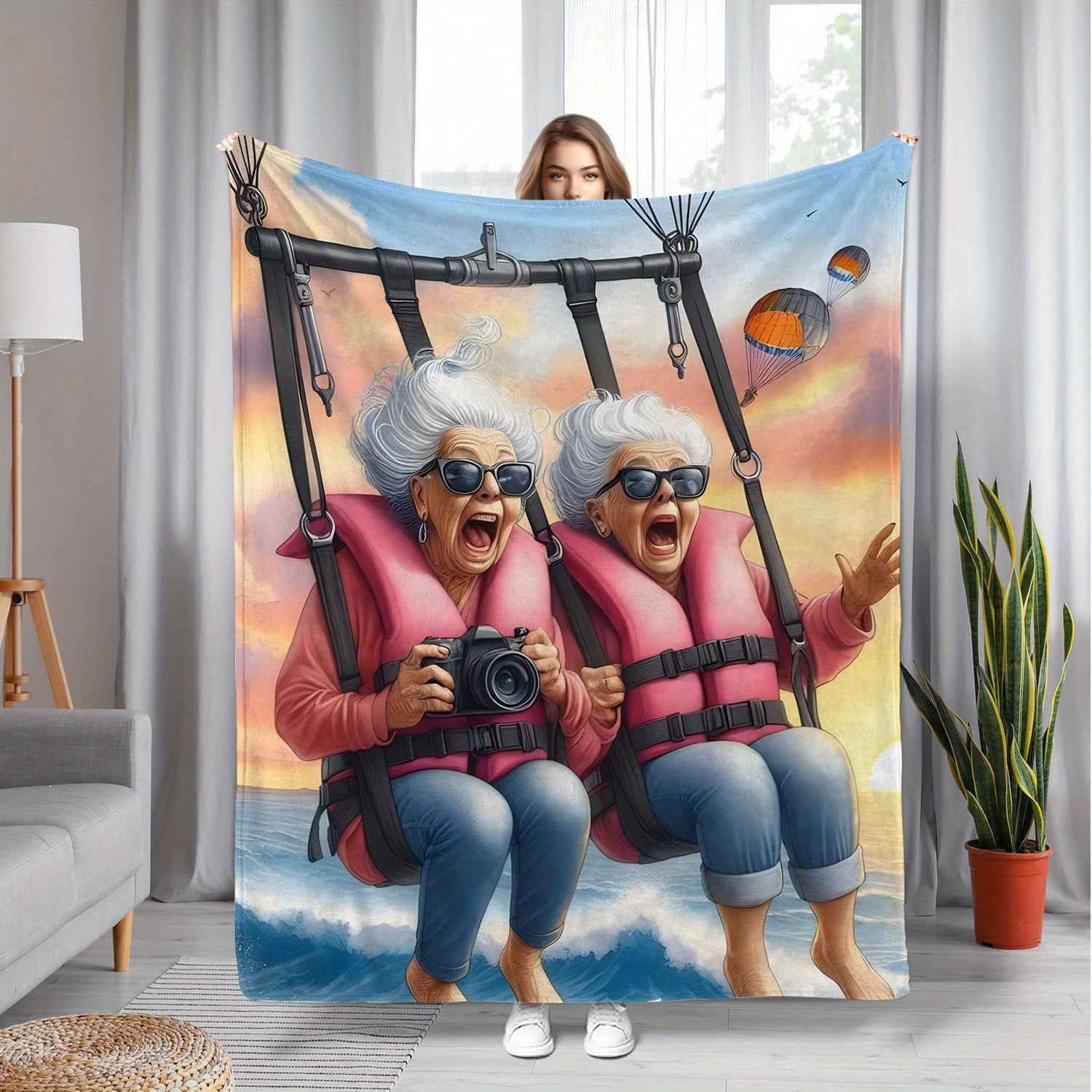 Cheerful Grandma Duo Parachute Print Blanket Cozy Flannel Throw Ideal ...