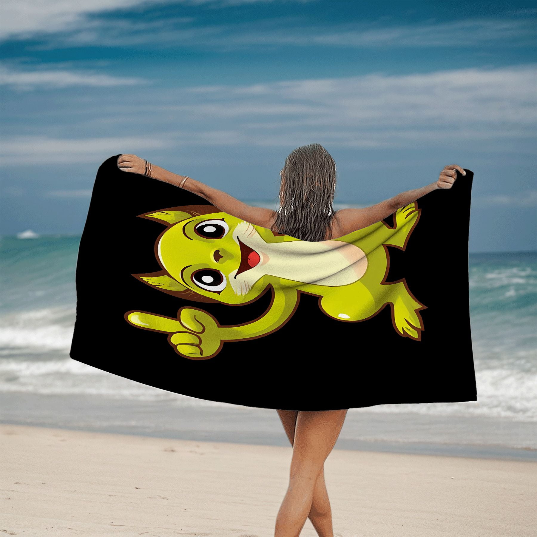 Cheerful Green Creature Cartoon Beach Towel - Fun Pattern Design for ...