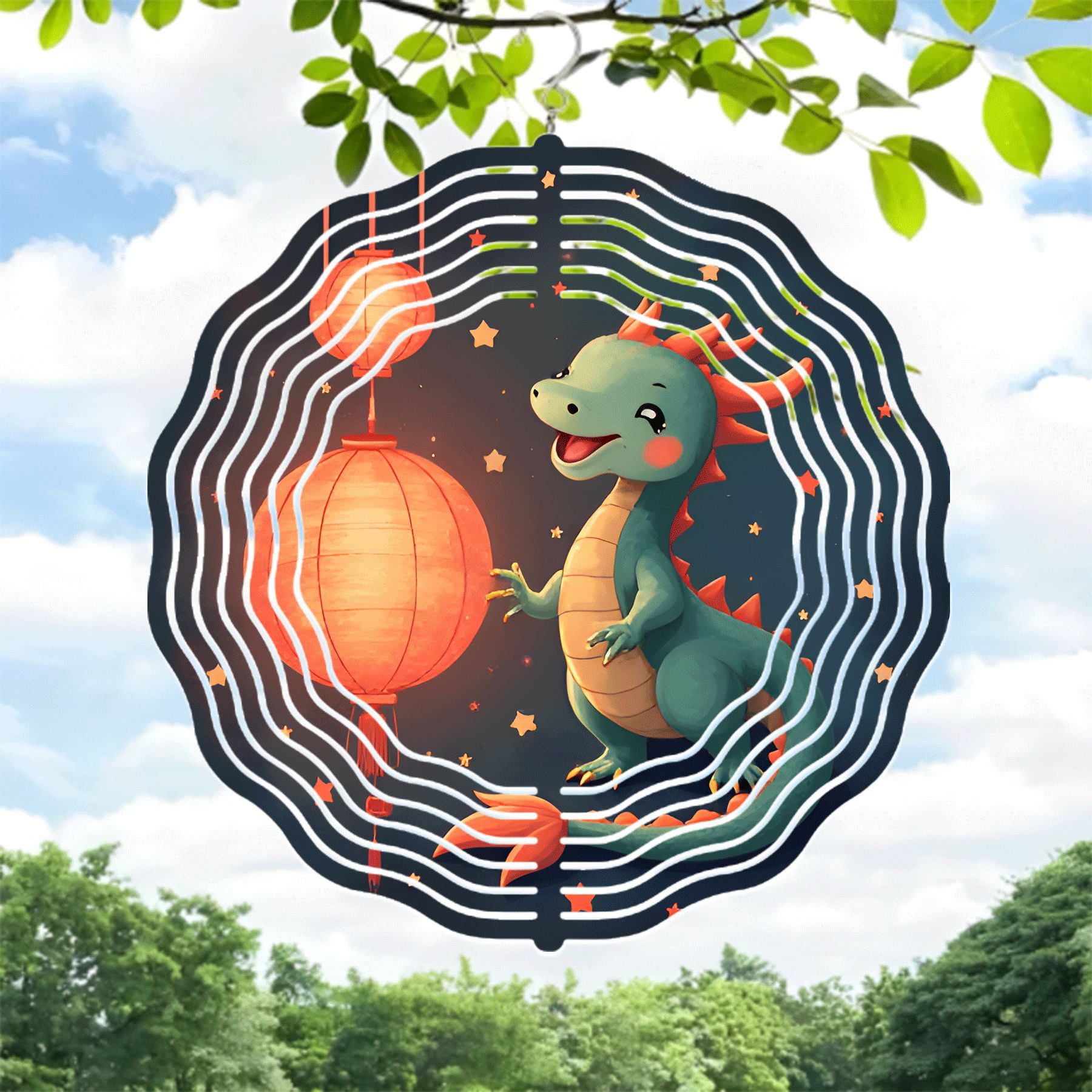 Cheerful Green Dragon Metal Wind Spinner with Lantern - Festive Garden ...