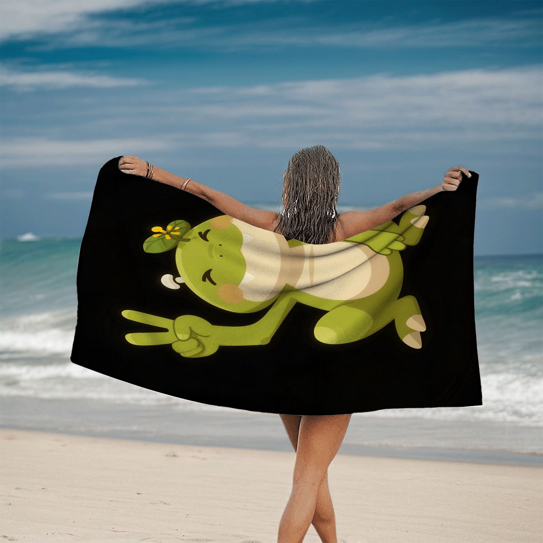 Cheerful Green Frog Beach Towel - Fun Floral Design Perfect for Pool ...
