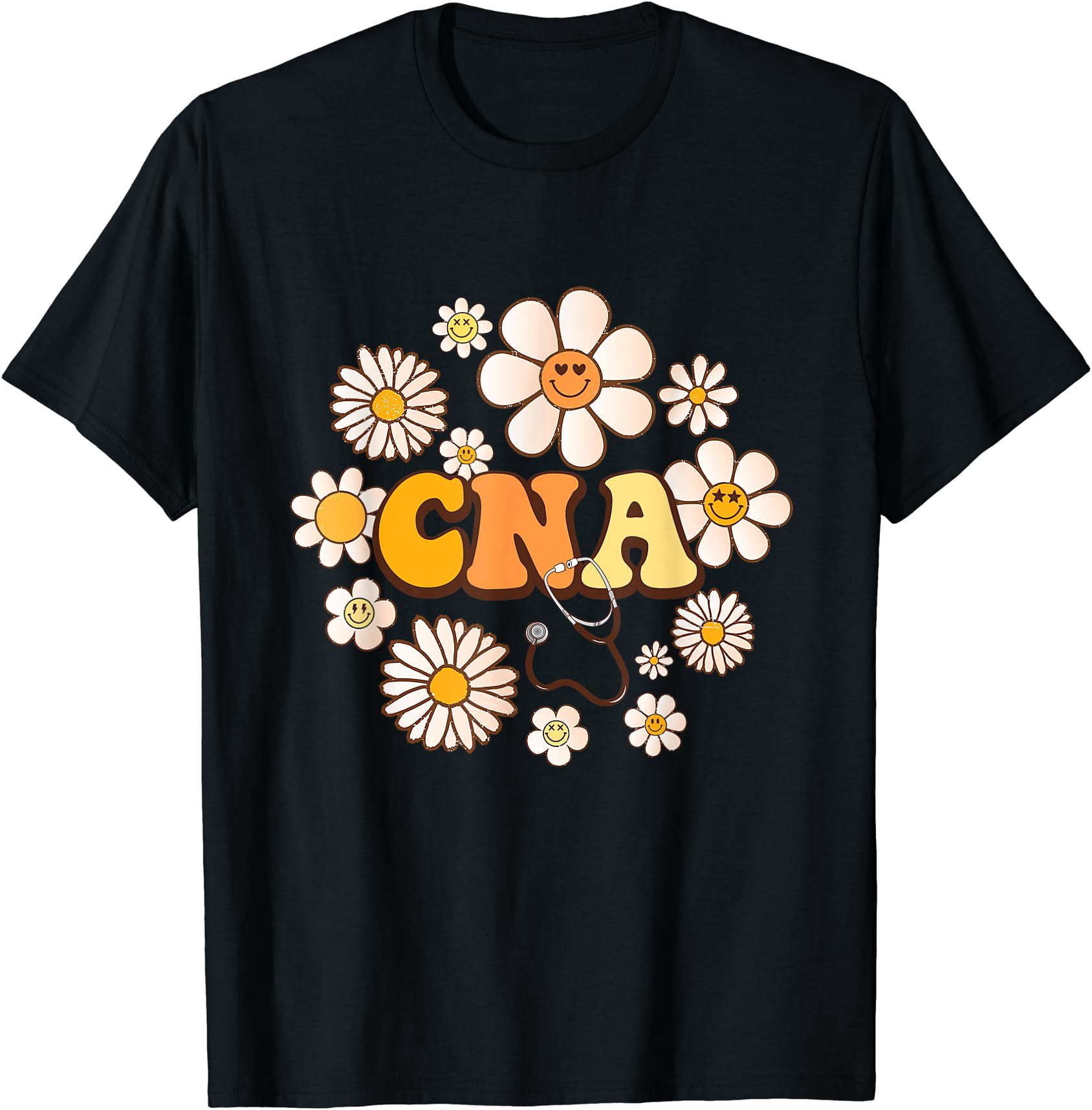Cheerful Groovy Smile Face Floral CNA T-Shirt for Certified Nursing ...