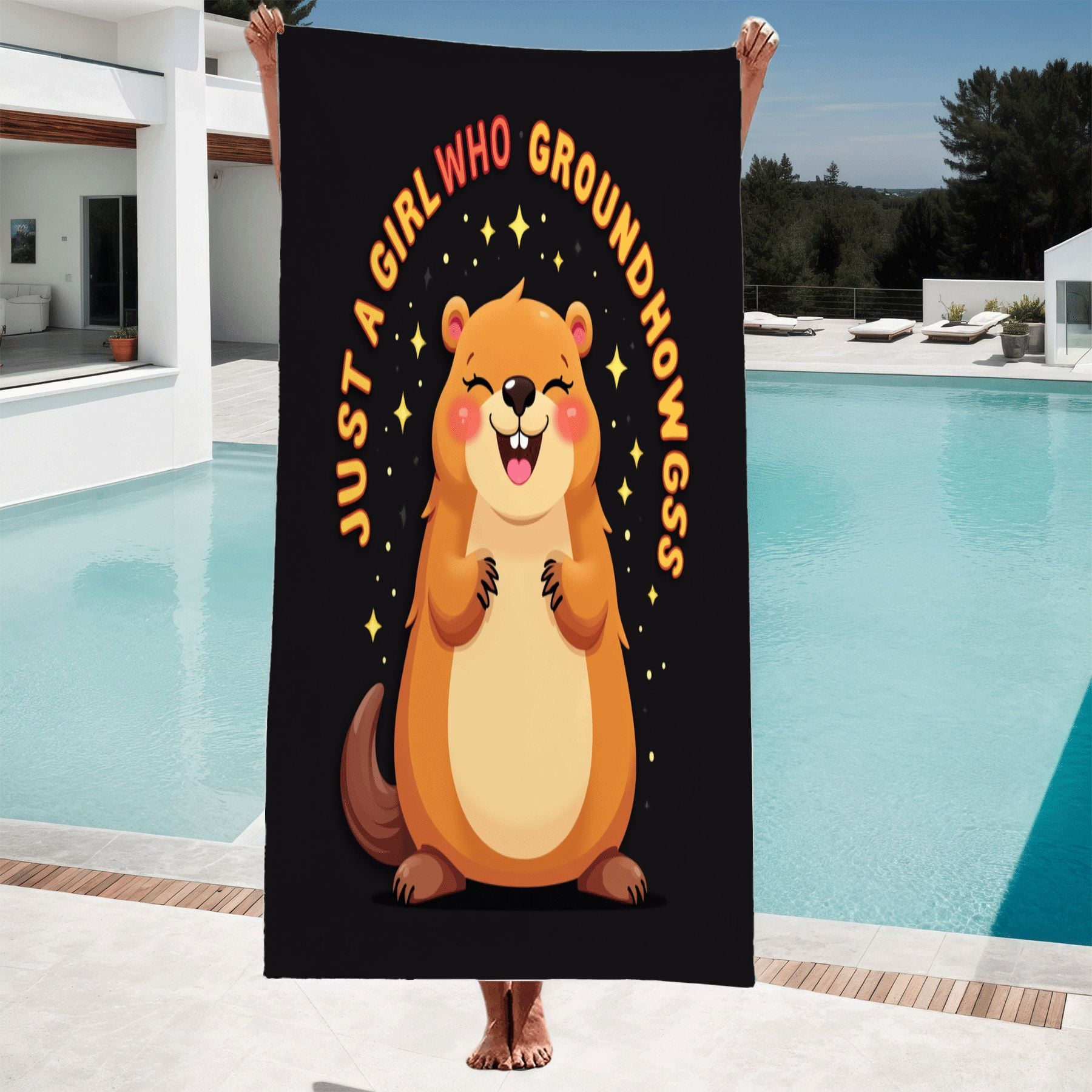 Cheerful Groundhog Beach Towel - Fun Design with Laughing Groundhog ...