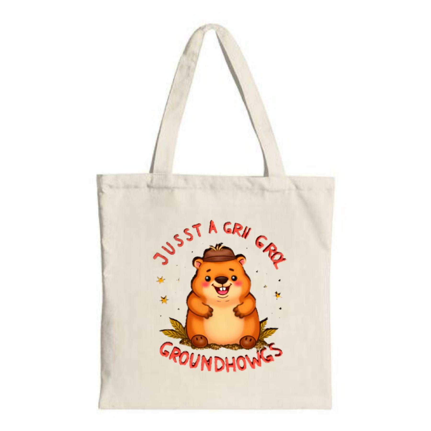 Cheerful Groundhog Tote Bag - Cartoon Design with Stars ' JUST A GRU ...