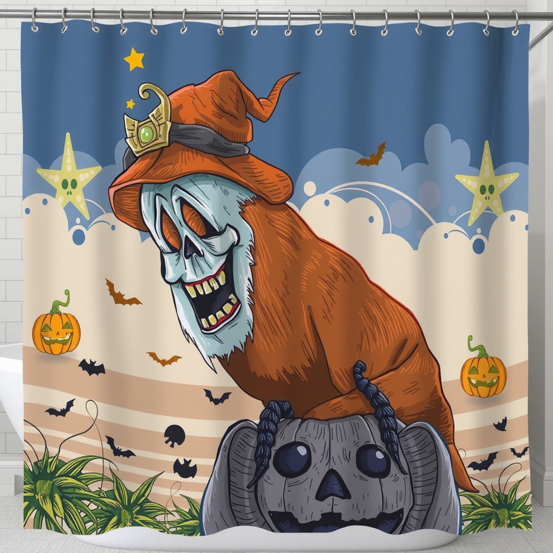 Cheerful Halloween Shower Curtain with Cartoon Skeleton Lanterns ...