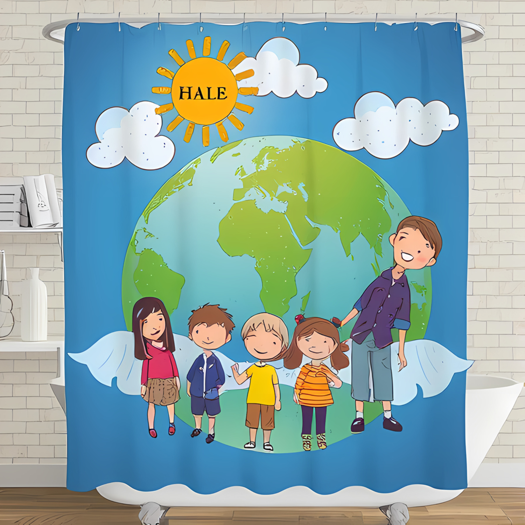 Cheerful Holding Hands Shower Curtain - Whimsical Globe Sun & Cloud ...