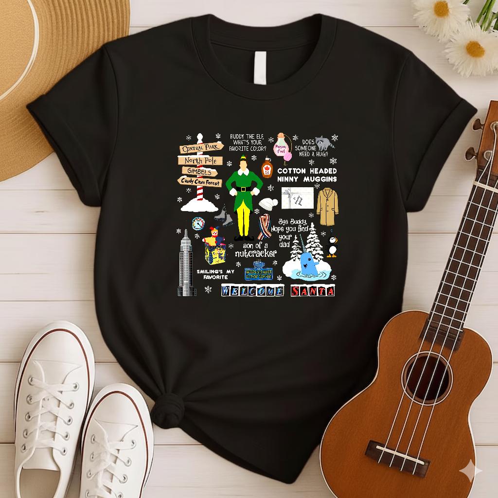 Cheerful Holiday Elf Collage Red Background Inspired Art Unisex T-shirt ...
